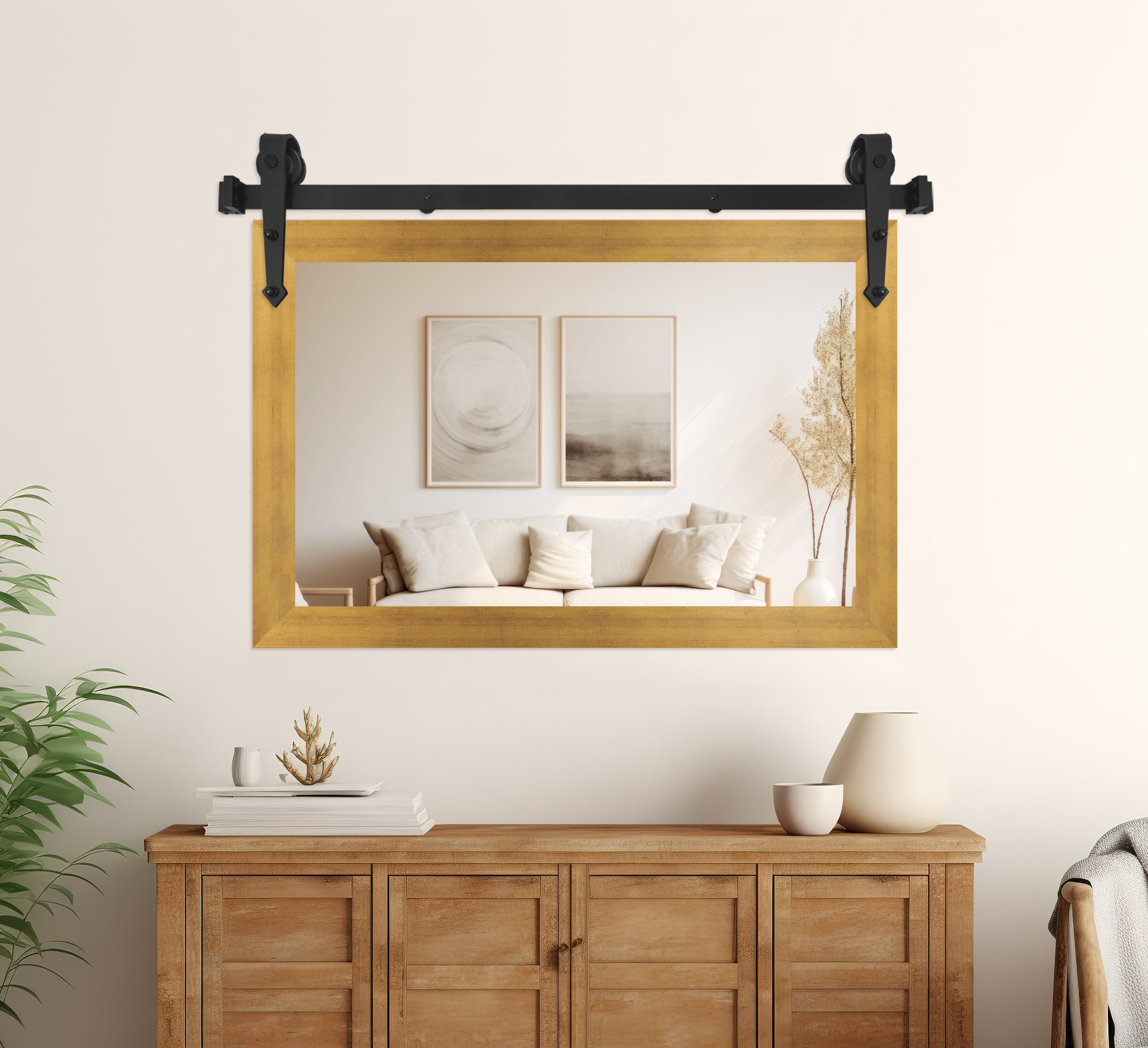 Modern Rustic Mirror with Steel Barn Door Track - Wayfair Canada