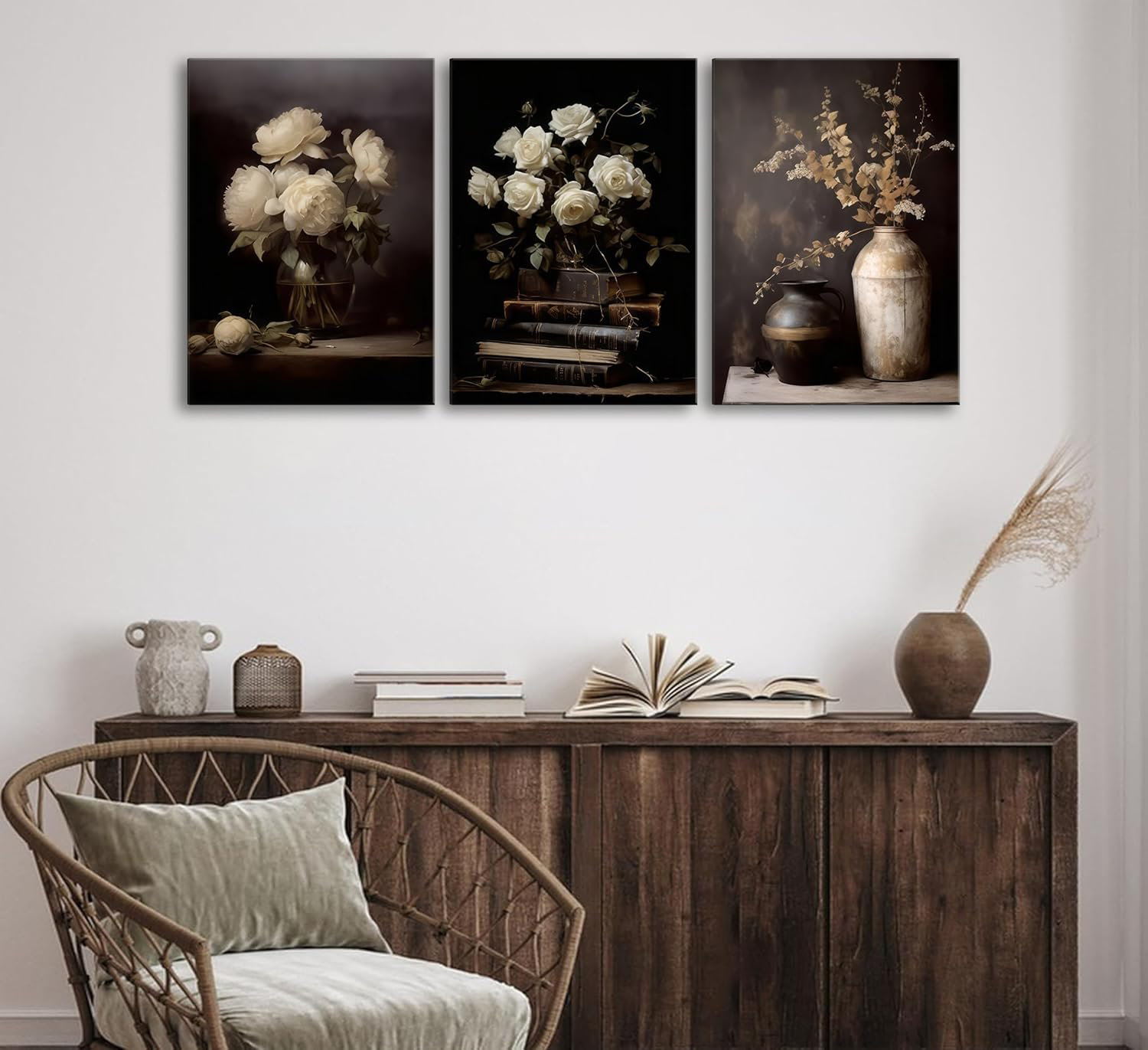 Lark Manor Vintage Moody Flower Wall Art Dark Floral Canvas Rustic Wall Decor Black Botanical ...