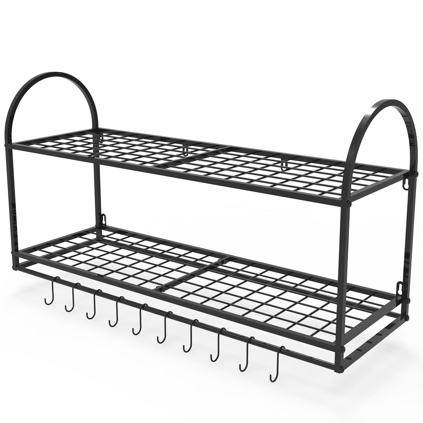 Prep & Savour Emalene Black Wall-Mounted 2-Tier Pot Rack With 10 Hooks ...