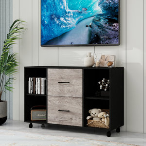 Gracie Oaks 35.43" Wood TV Stand, TV console with Wheels, Farmhouse ...