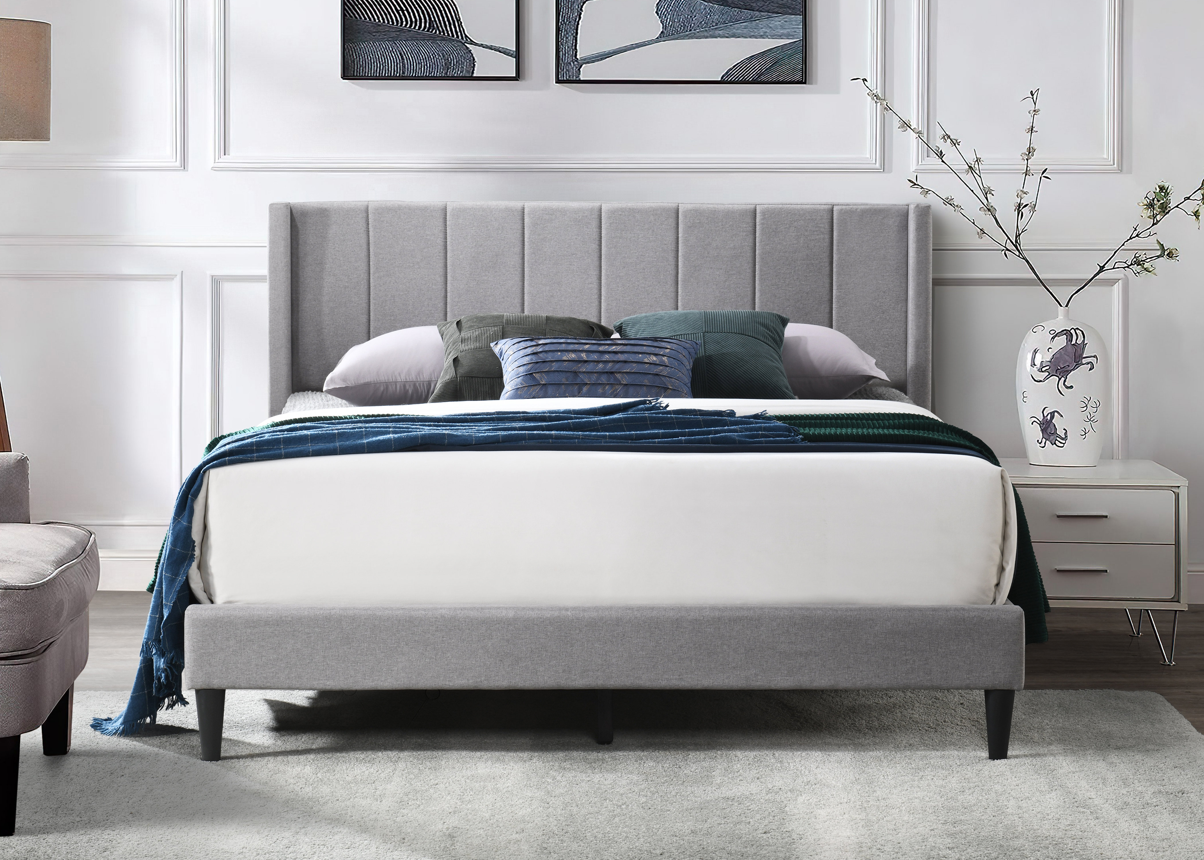 Freedom Life Isabella Channel Wingback Platform Bed-ek-light Grey Linen ...