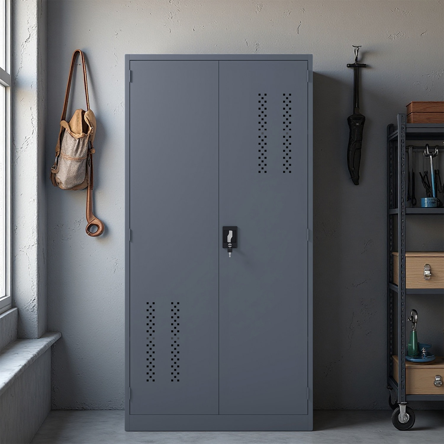 17 Stories Gray Metal Garage Storage Cabinet With 2 Doors And 4 ...