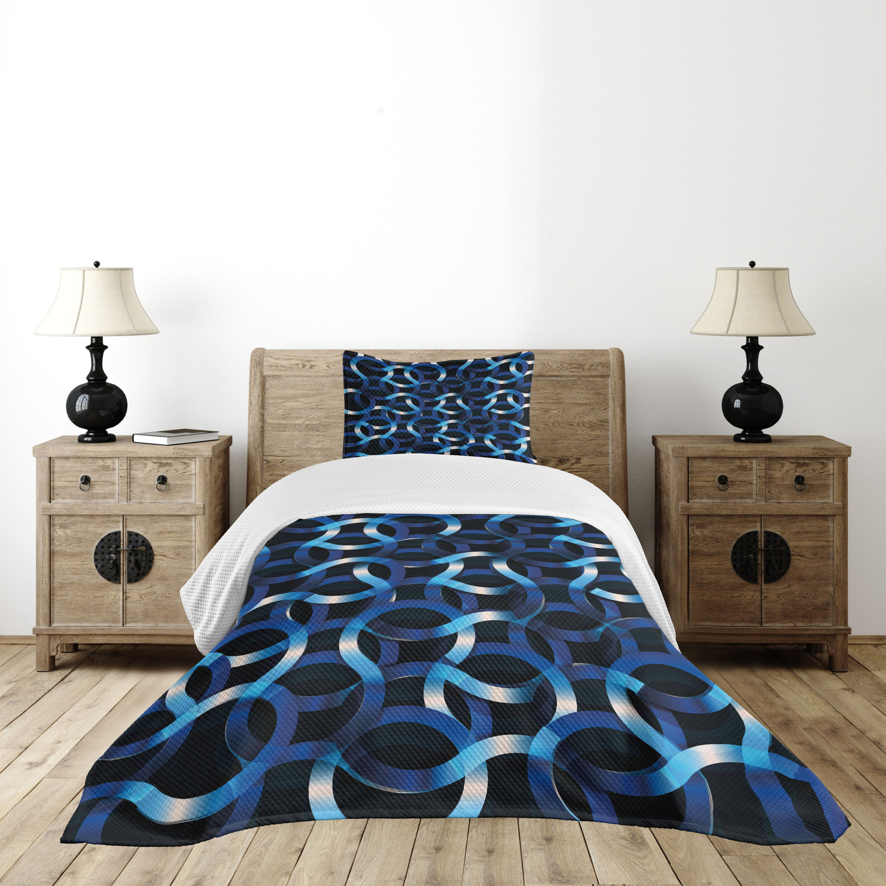 Ambesonne Dark Blue Bedspread Set Curvy Modern Shapes Blue Dark Blue ...