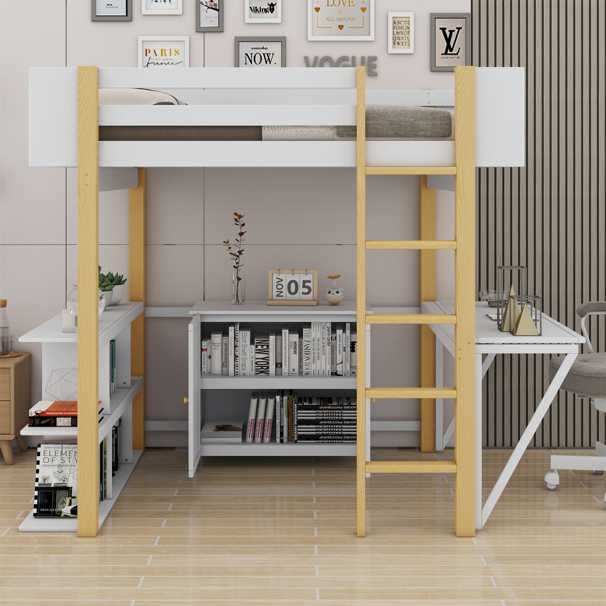 Harriet Bee Wooden Loft Bed With Built-In Storage Cabinet,Cubes And ...