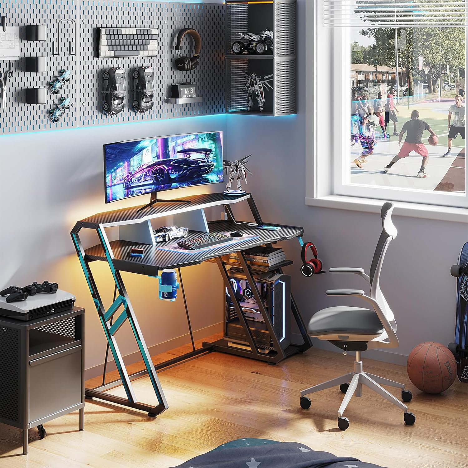 Inbox Zero Gaming Desk with Power Outlet & LED Lights, Gaming Computer ...