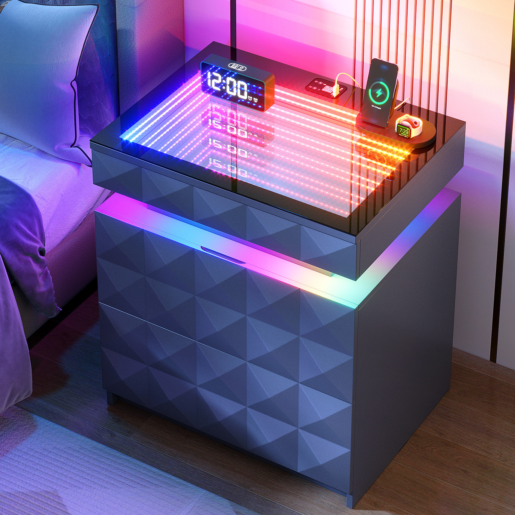 Ivy Bronx 2-Drawm Nightstand Whit Adjustable Rgb Light And Human Body ...