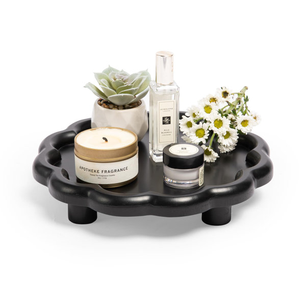 Ebern Designs Black Round MDF Raised Tray With Scalloped Edges And Anti ...