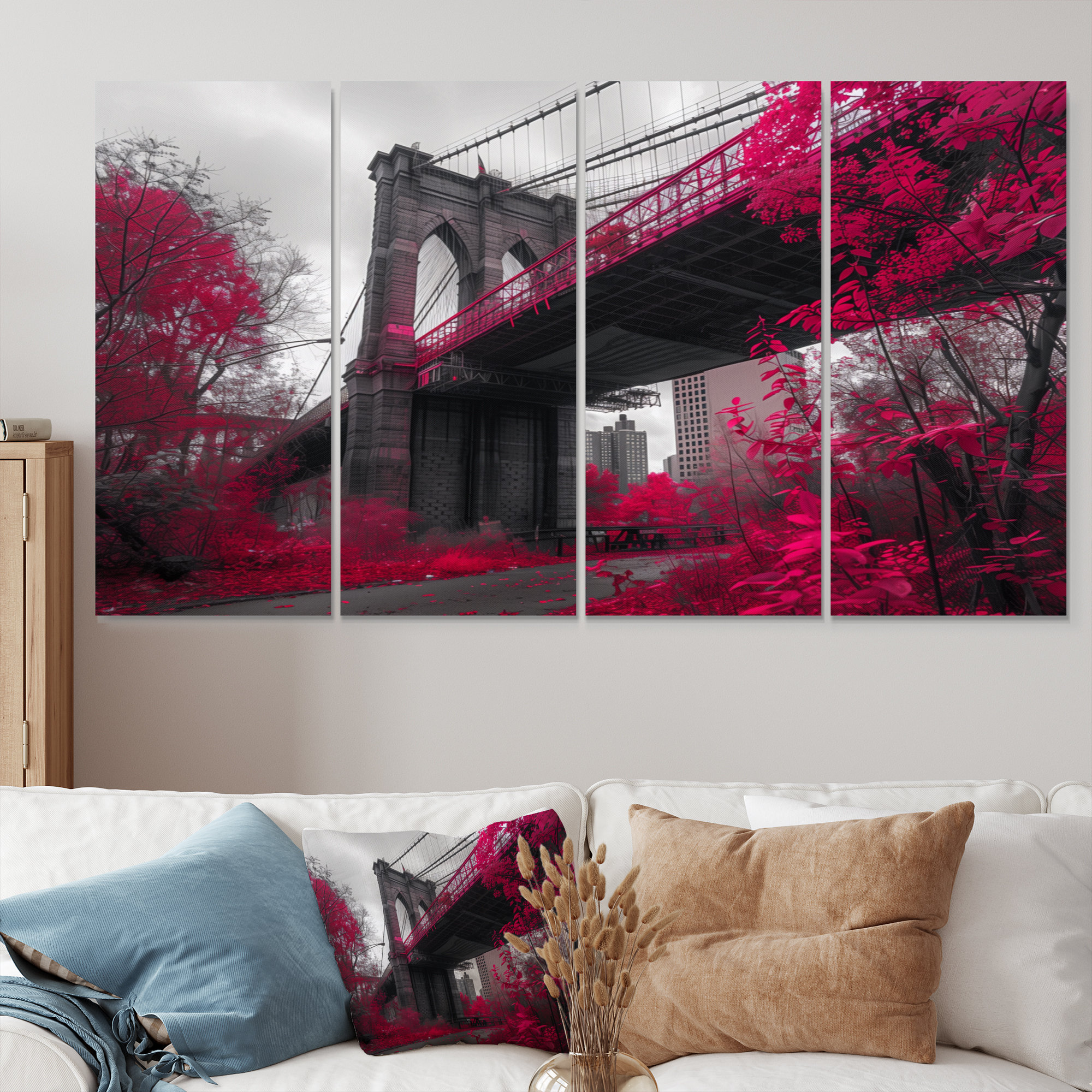 Ebern Designs Pink Grey Brooklyn Bridge New York Spot Color - Bridges ...