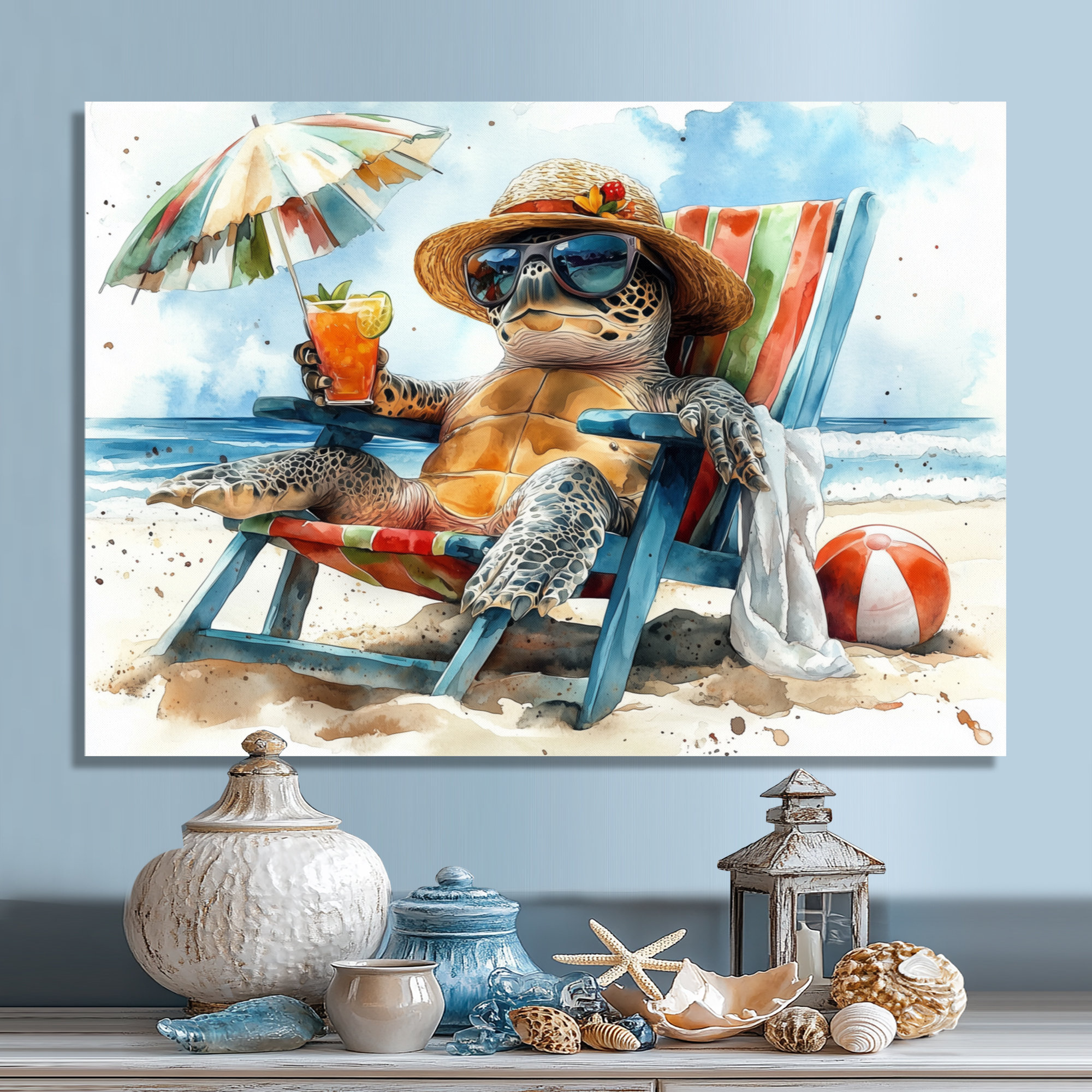 Trinx Turtle On The Beach Relaxing - Coastal Animal Wall Art Living ...
