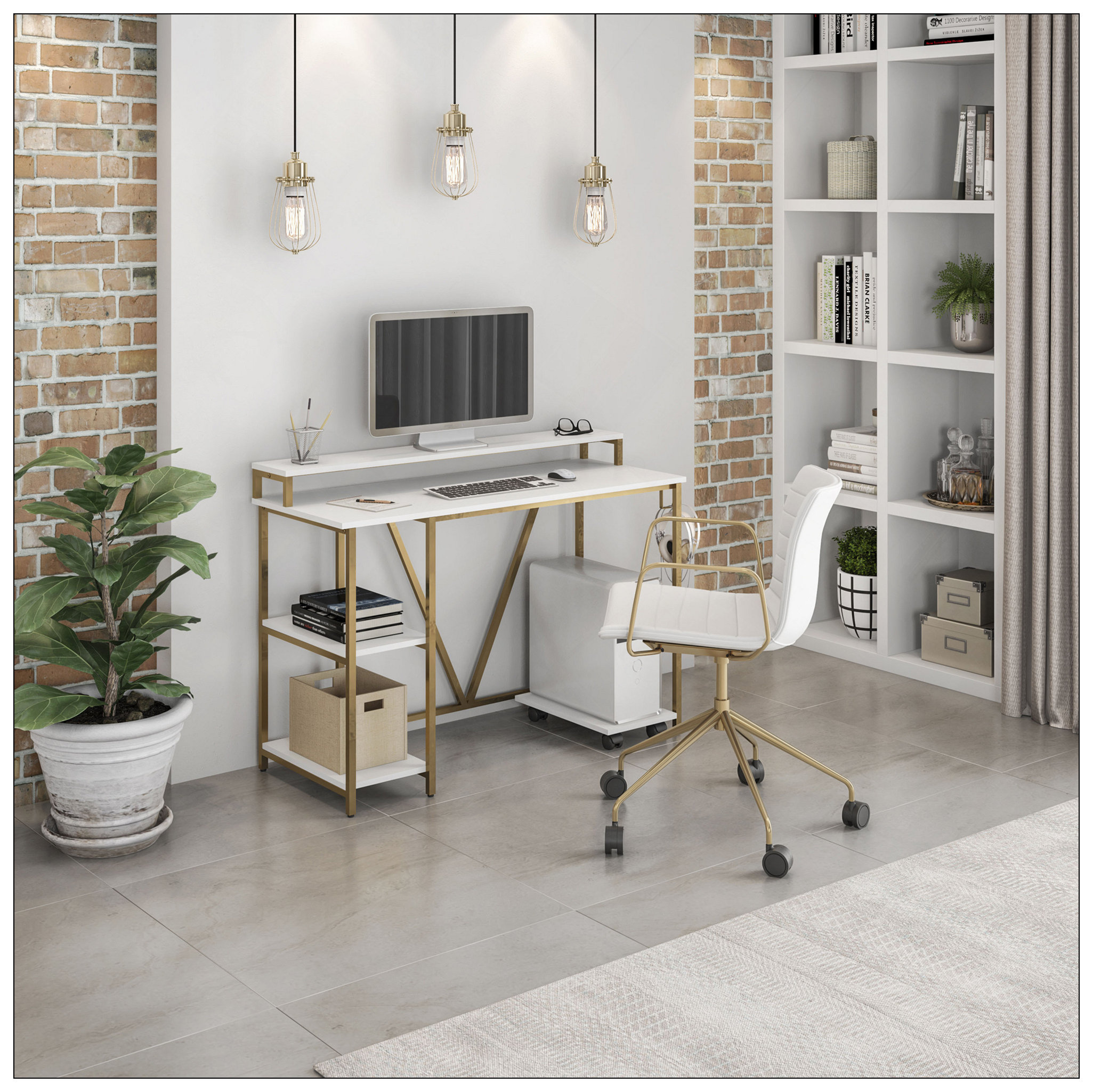 Everly Quinn Versatile Industrial Writing Desk With Advanced Features ...