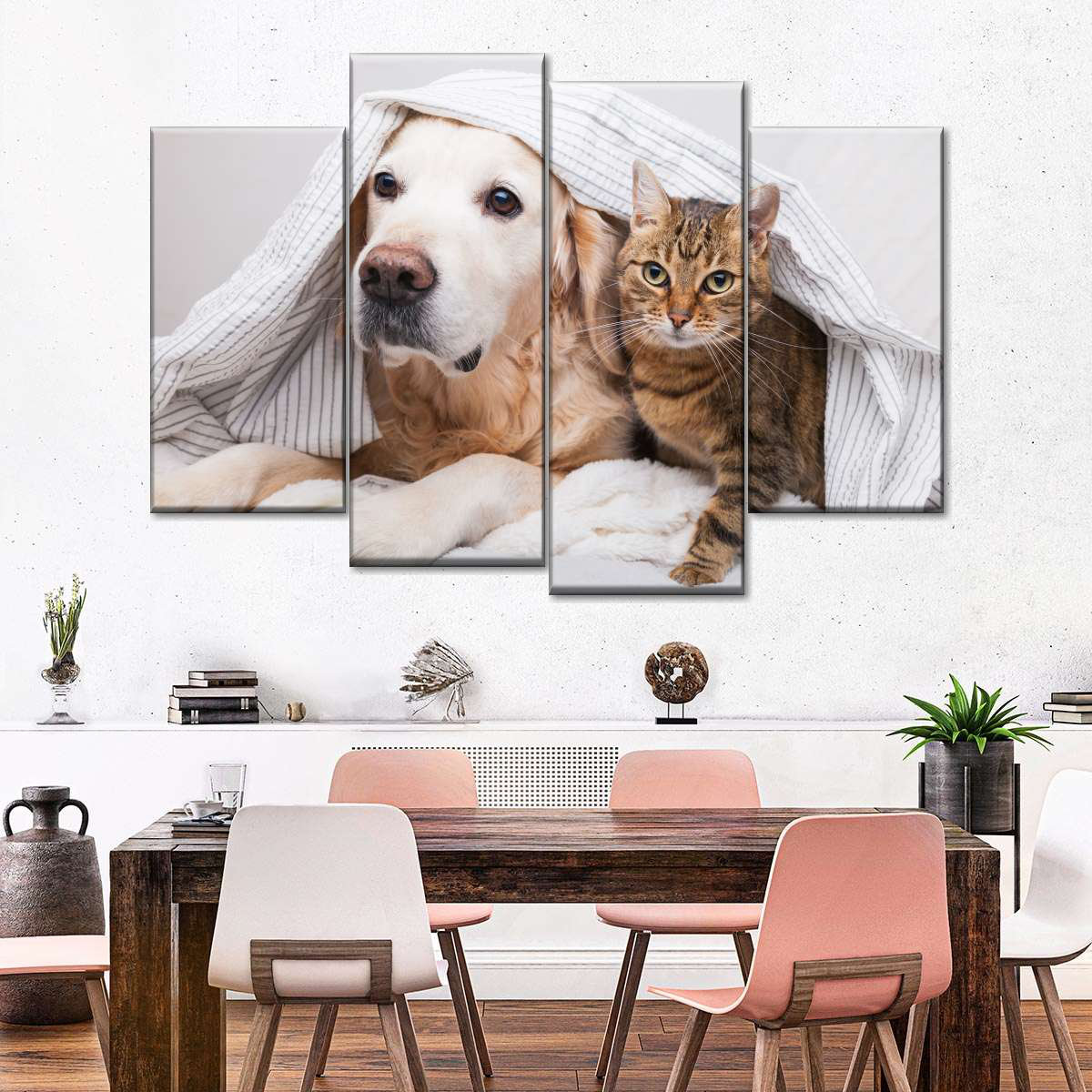 Ebern Designs Cozy Dog And Cat On Canvas 4 Pieces Set | Wayfair