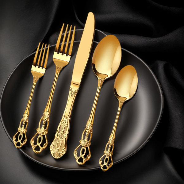 House of Hampton® Titanium Gold Plated Stainless Steel Flatware Set, 20 ...
