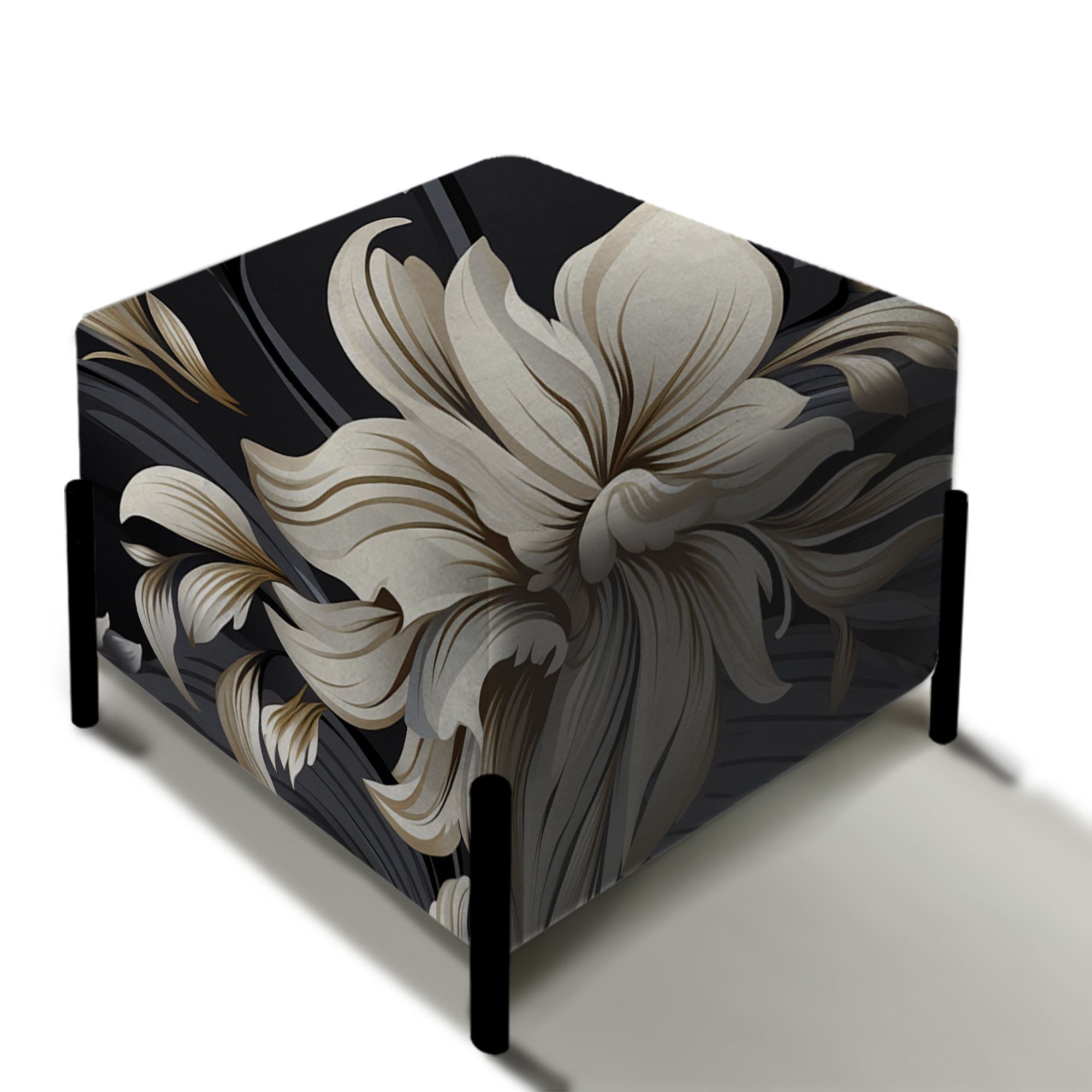 Design Art Deep Black Silver Flowers Elegance - Glam Square Ottoman ...