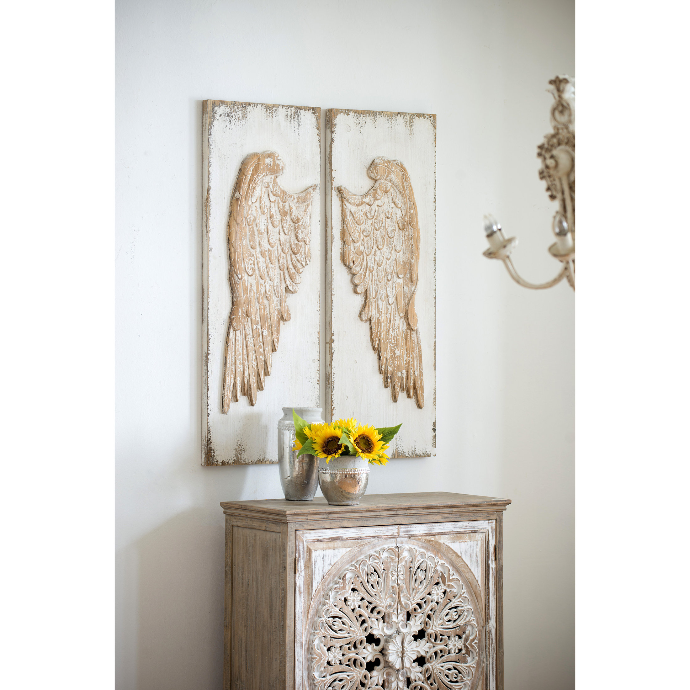 Rosalind Wheeler Distressed White Feather Wing Wall Panels: 42" x 15.5 ...