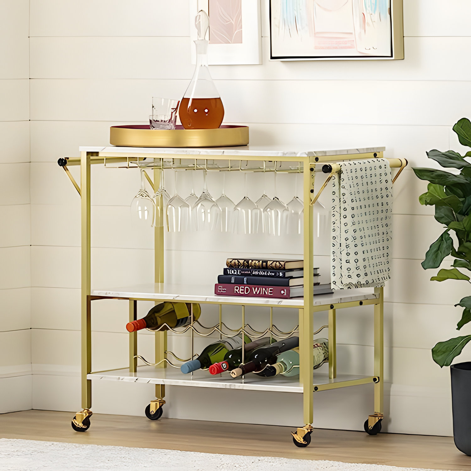 Hokku Designs Gold Faux Marble Bar Cart With Wine Bottle Storage And ...