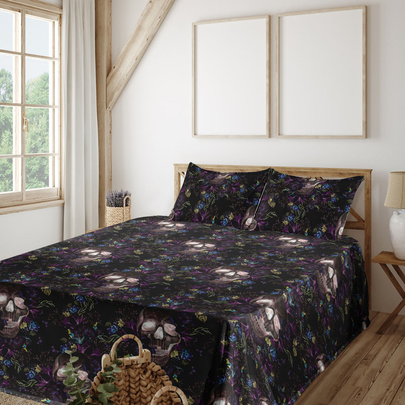 Ambesonne Halloween Sheet Set Spooky Skull Exotics Boho Dark Magenta ...