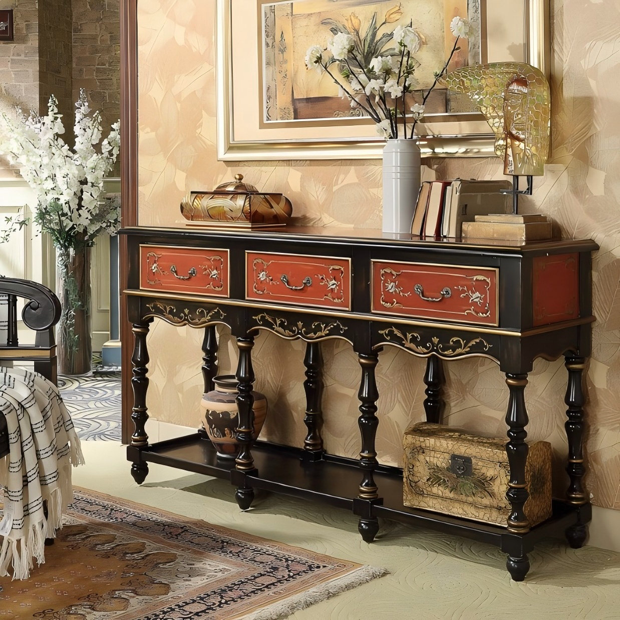 SINNOG Modern Minimalist Wine Red Solid Wood Rectangular Entryway Table ...