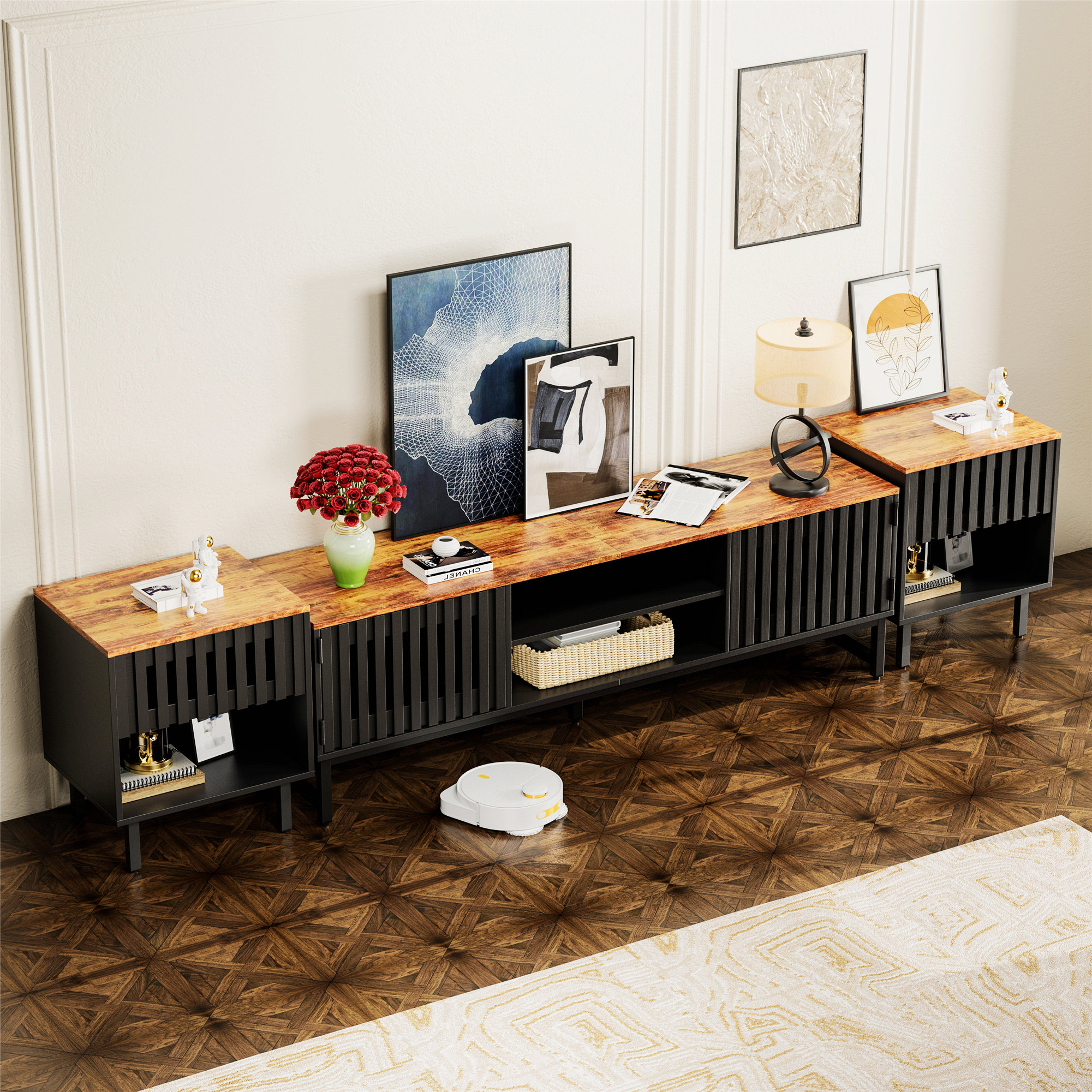 Ebern Designs Modern TV Stand With Slatted Grille Striped Doors, TV ...