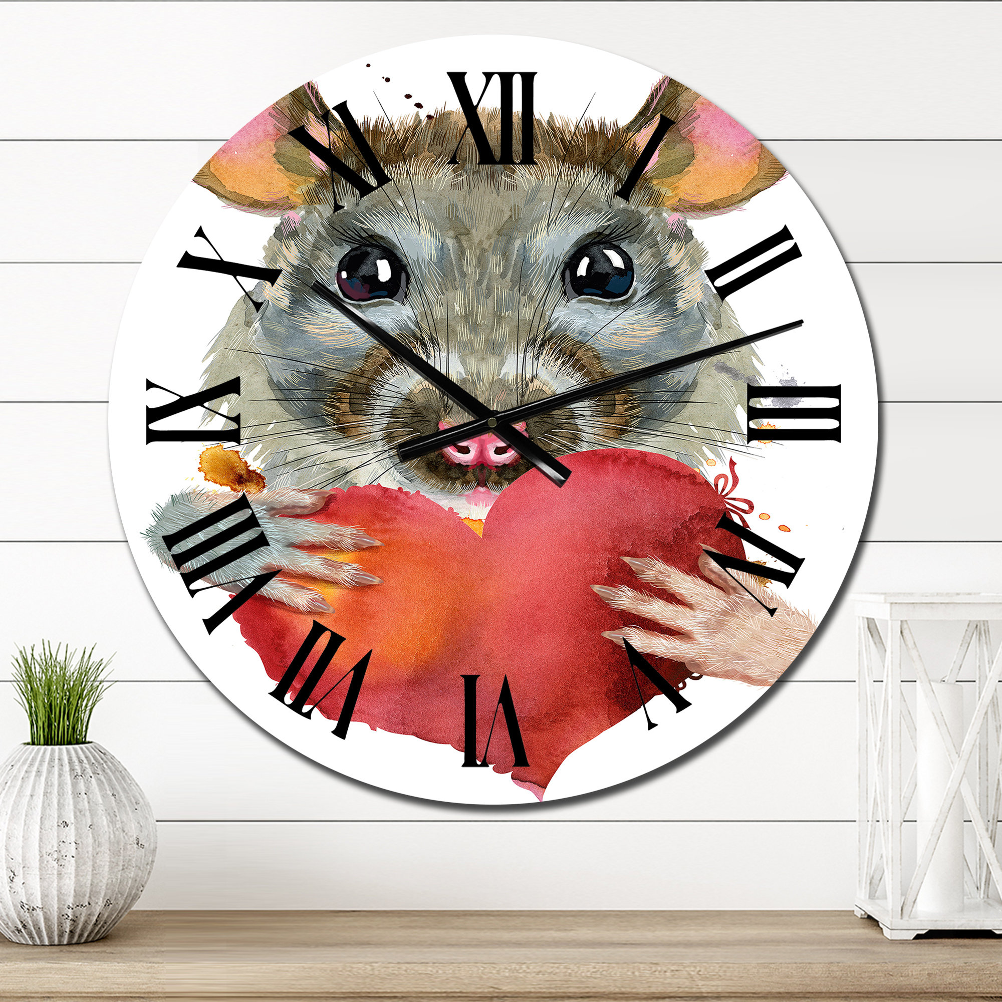 East Urban Home Portrait of Rat with Red Heart - Traditional Wall Clock ...
