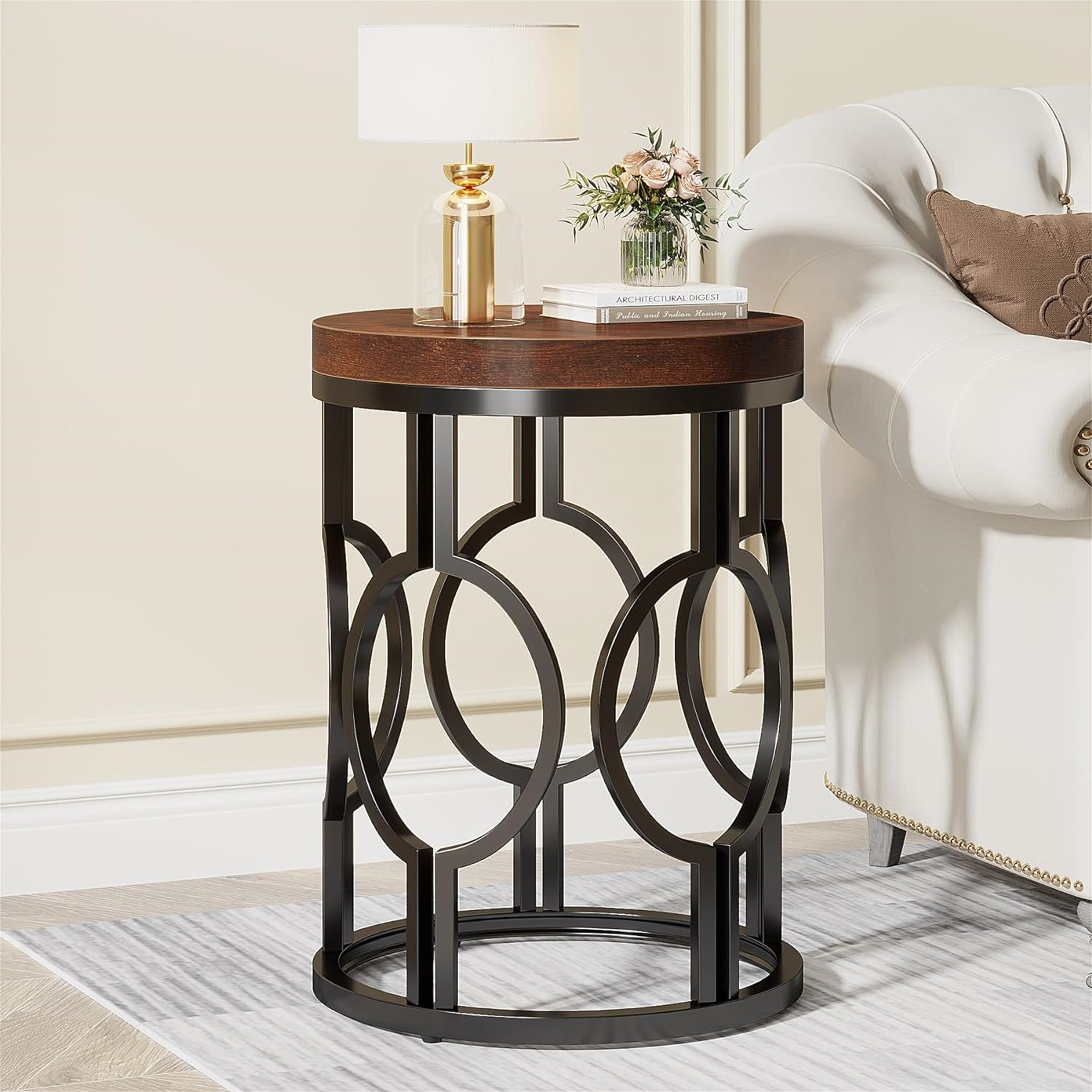 Mercer41 20" Round Industrial Side Table With Metal Openwork Frame ...