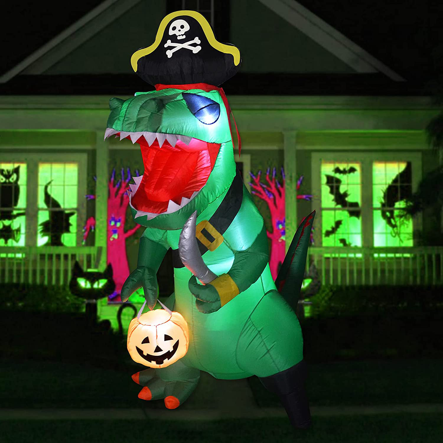 The Holiday Aisle® Halloween Inflatable 7 FT Inflatable Dinosaur Green ...