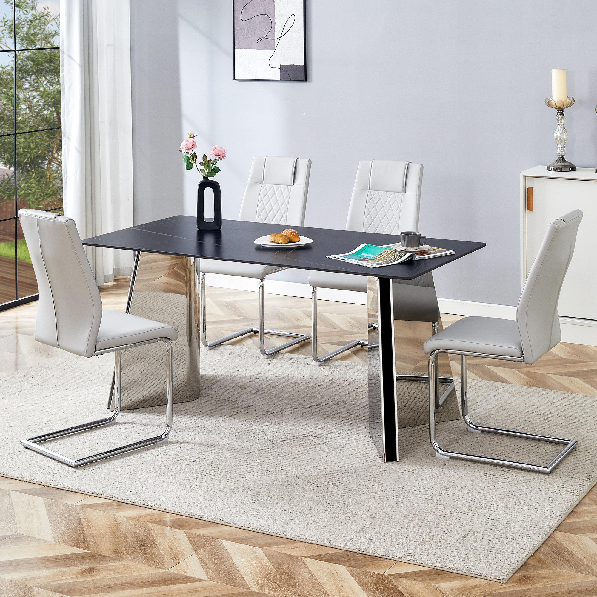 Ivy Bronx Luxurious Black Marble Dining Set: 63" Table With 4 Light ...