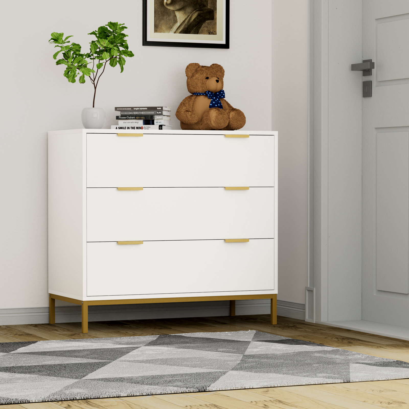 Mercer41 3-Drawer White Chest Of Drawers With Gold Metal Legs Mid ...
