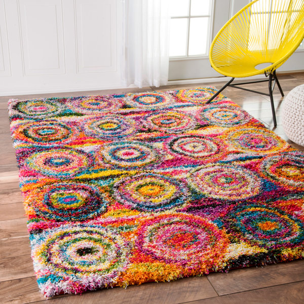 Latitude Run® Verduzco Bohemian Circles Pink/Yellow/Multi Shag Rug ...