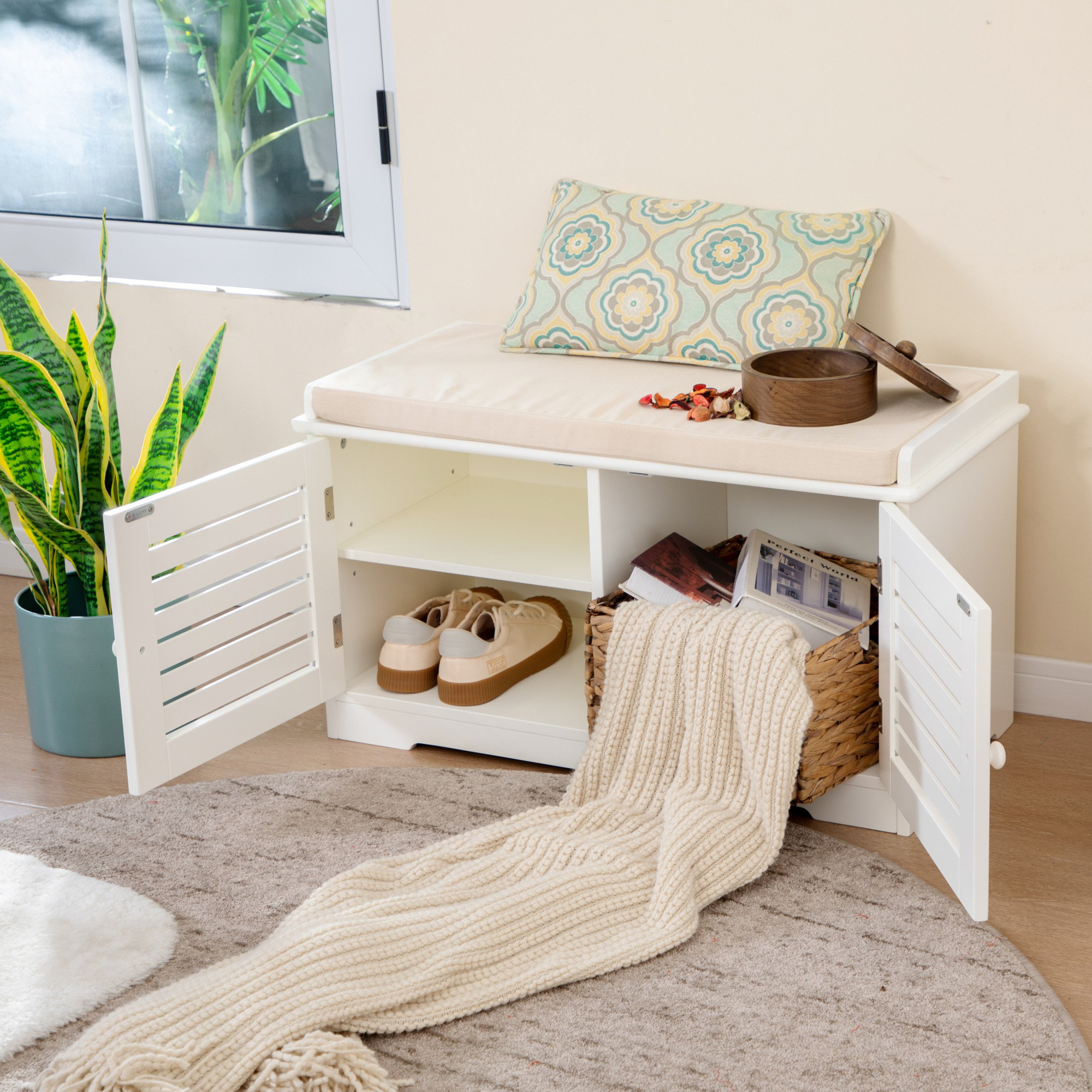 Red Barrel Studio® Shoe Storage Cabinet White Rack Bench With 2 Doors ...