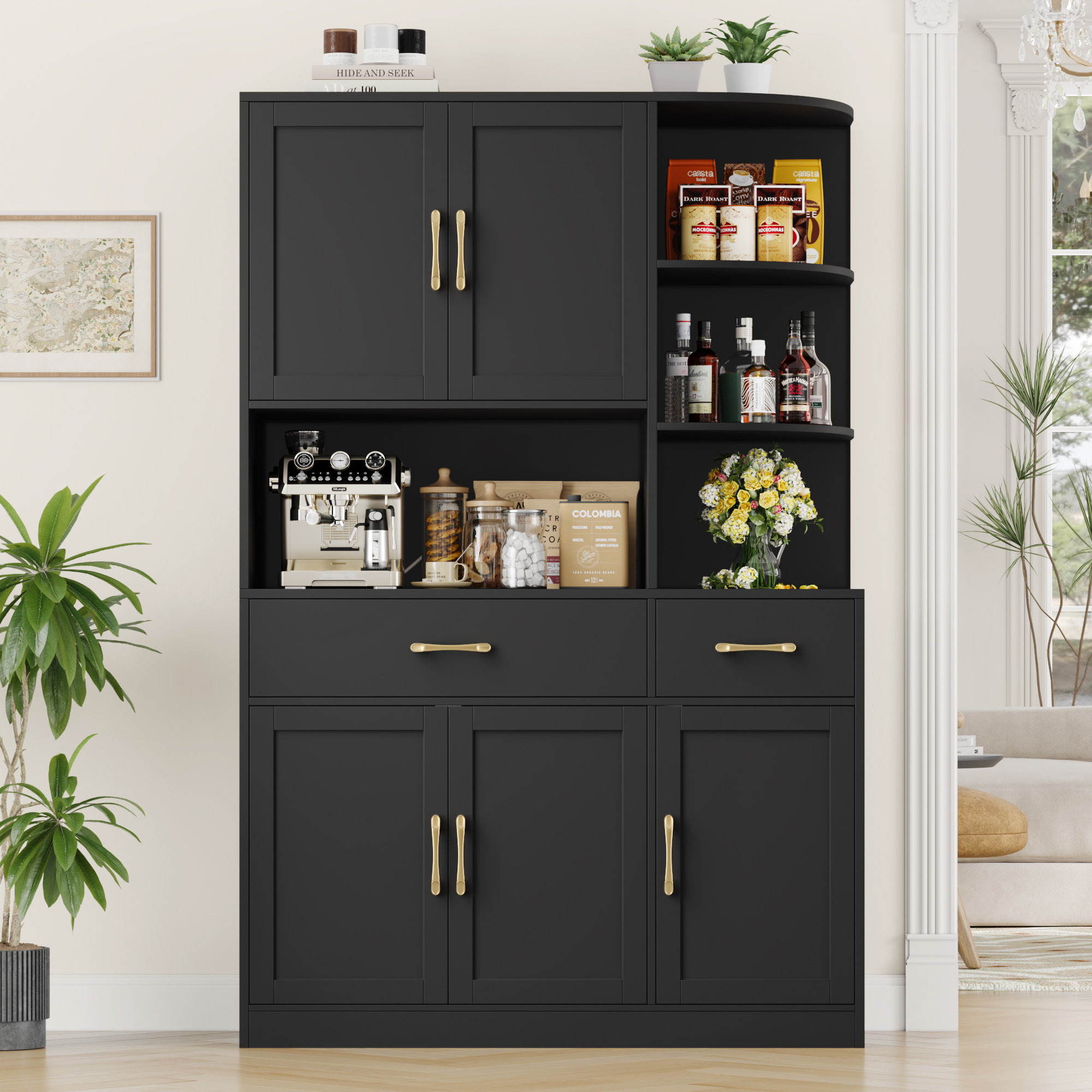 Ebern Designs 67'' Kitchen Pantry With Microwave Shelf, Wood Storage ...