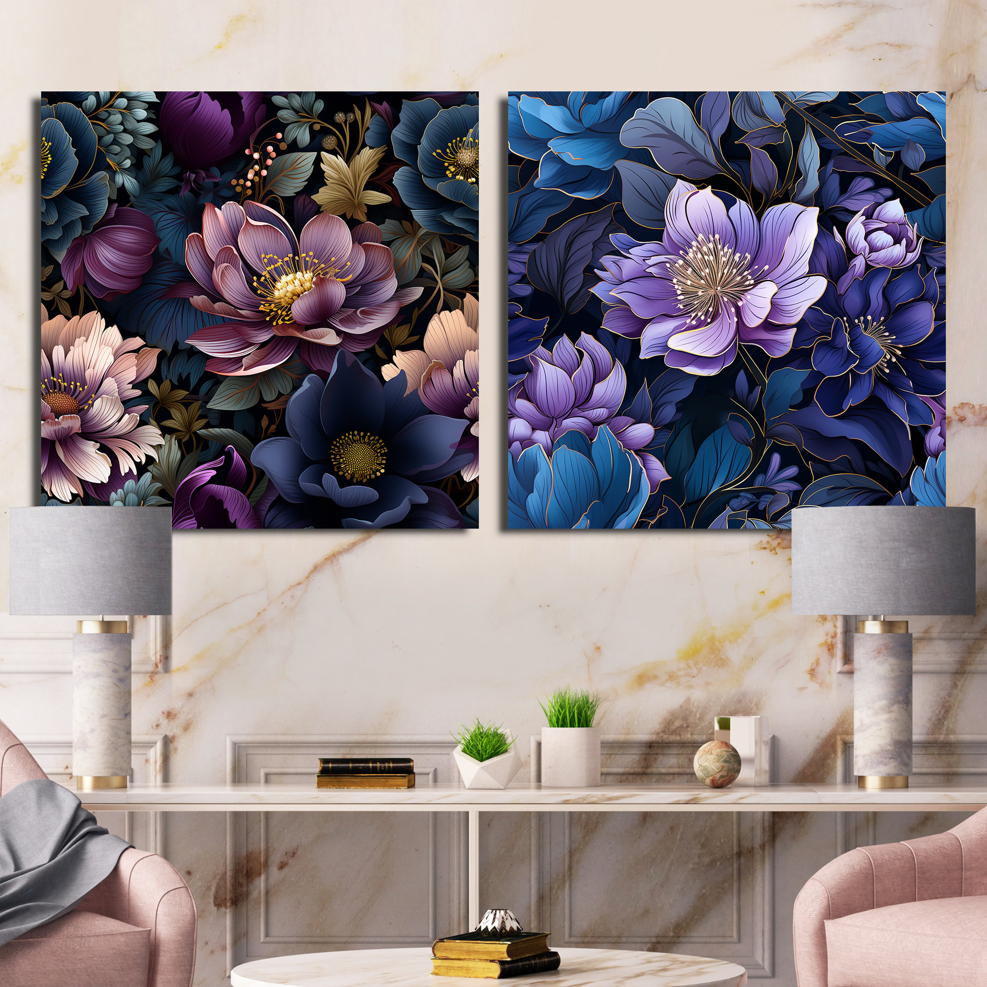 Design Art Moody Flora Moody Patterns - Floral Square Collage Set Of 2 ...
