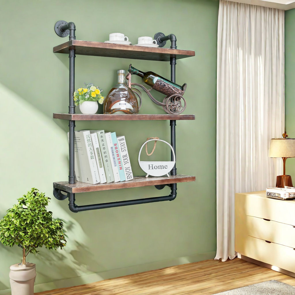 Williston Forge Industrial Pipe Floating Shelves With Towel Bar, 24 ...