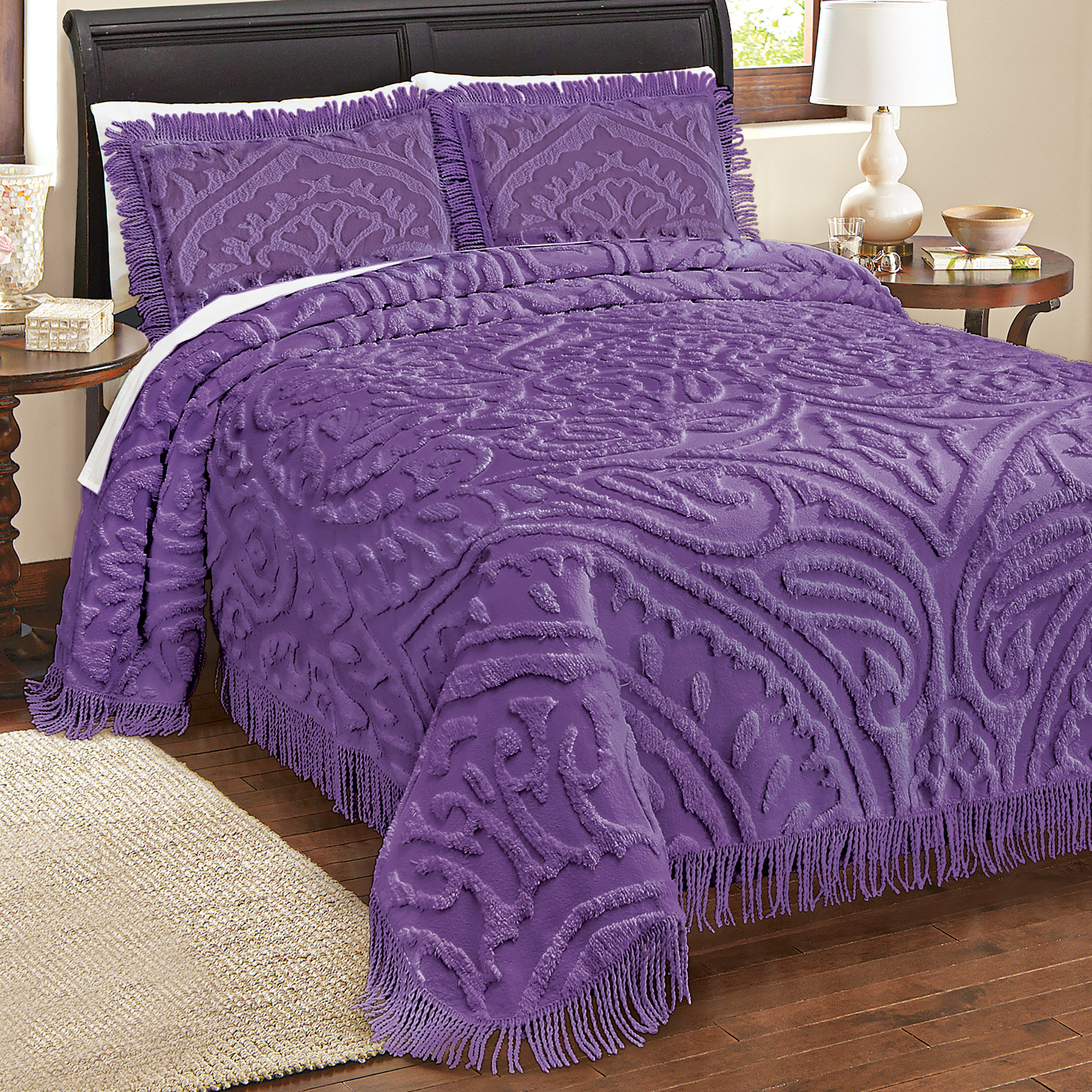 Winston Brands Paisley Medallion Chenille Fringe Bedspread Purple ...