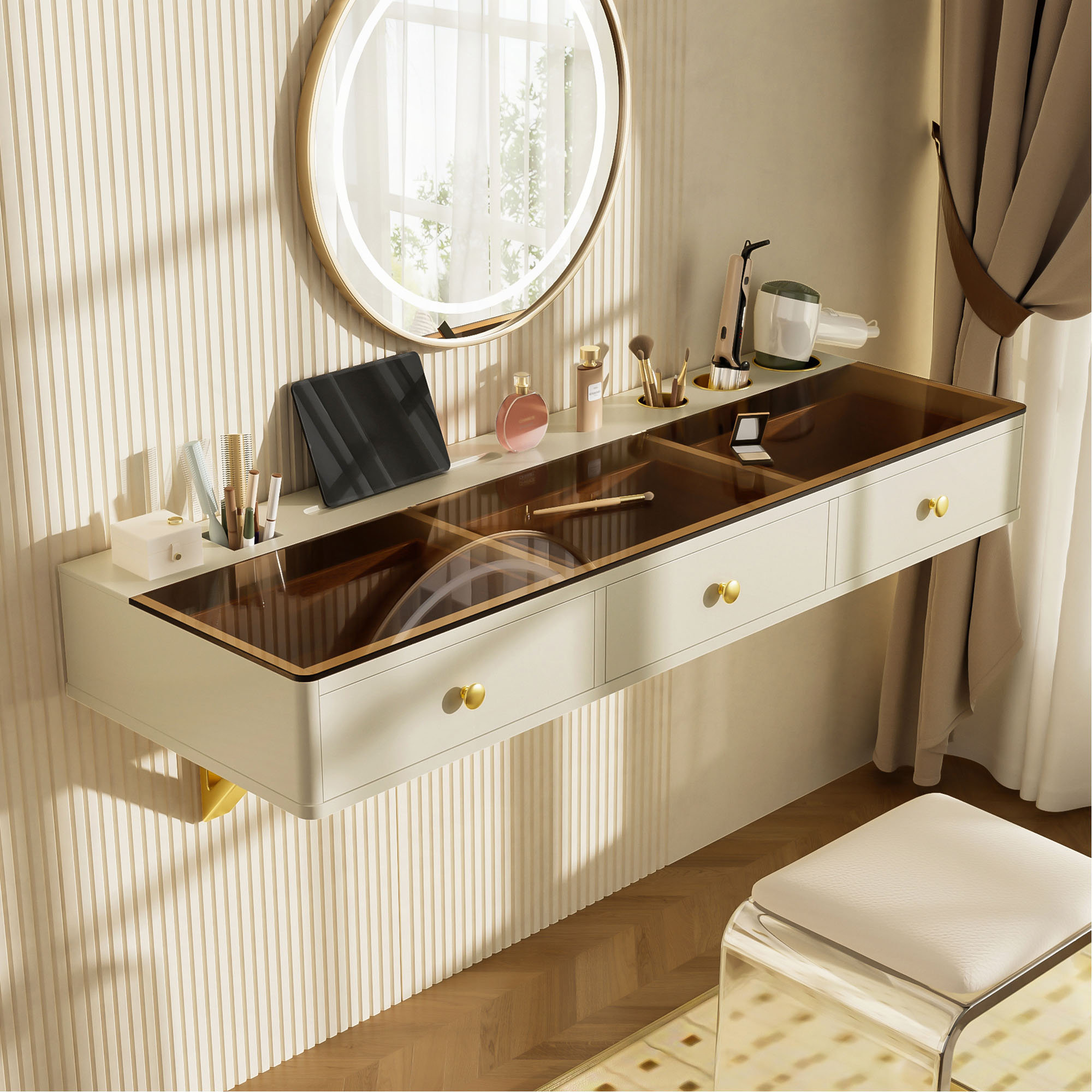 George Oliver 47" Floating Shelf With Drawer, Multi-Purpose Wall ...