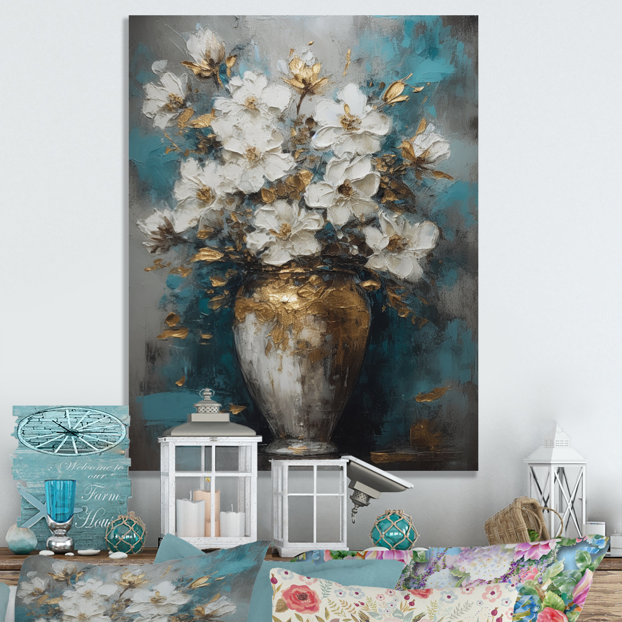 Red Barrel Studio® Ruudi Golden White Floral Arrangement in Vase I ...