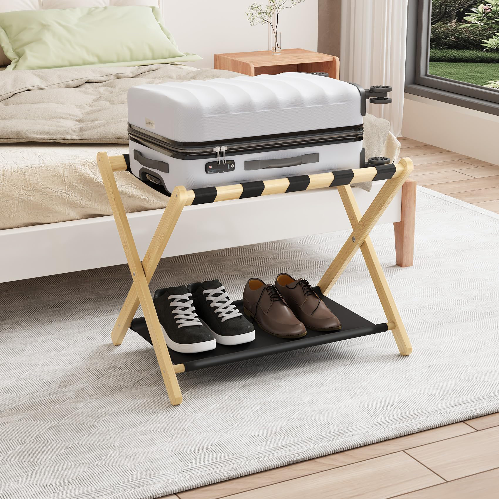 wosuo Foldable Natural Bamboo Luggage Rack - With Storage Shelves And 5 ...