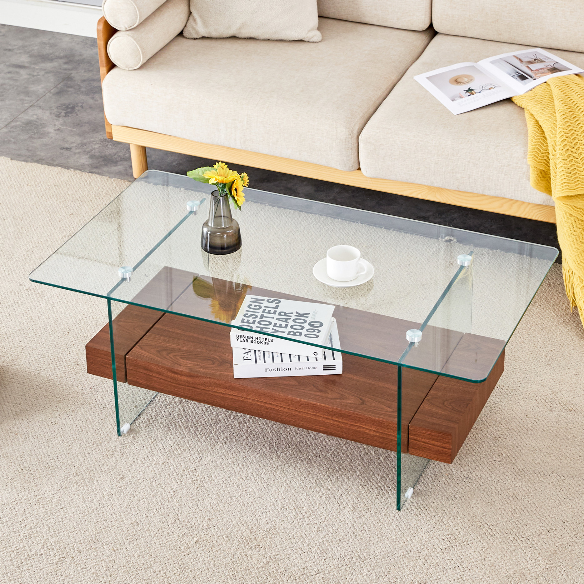 Latitude Run® Double-Layer 43.3-Inch Coffee Table, Modern Tempered ...