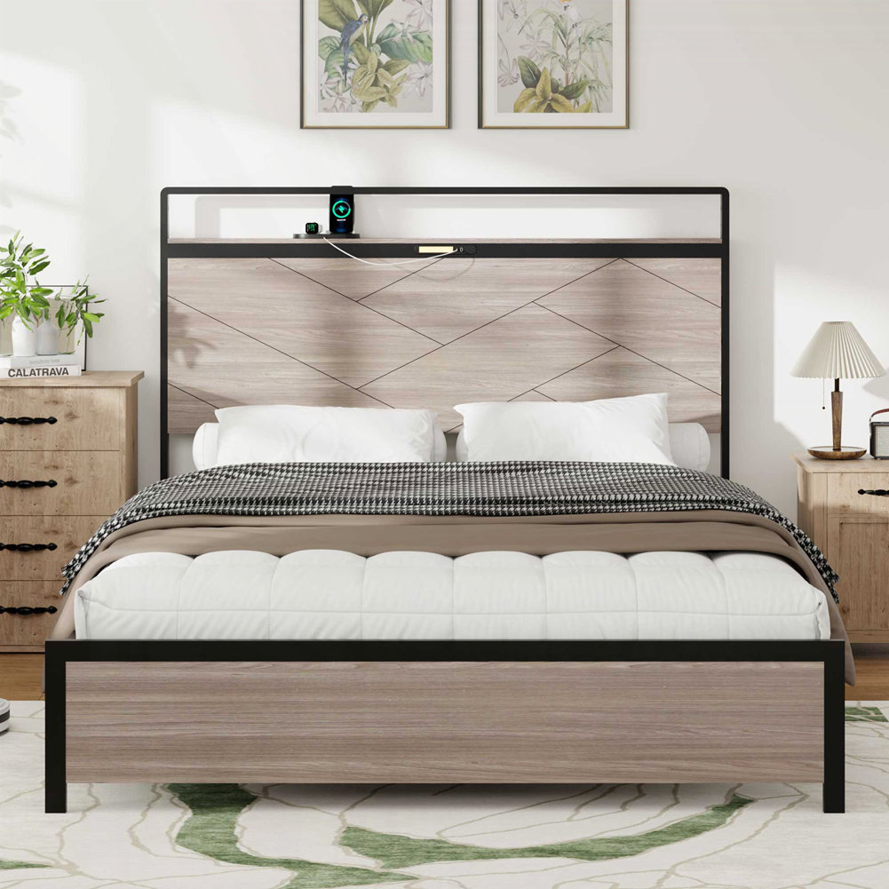 Latitude Run® Wooden Platform Bed Frame With Storage LED Light ...