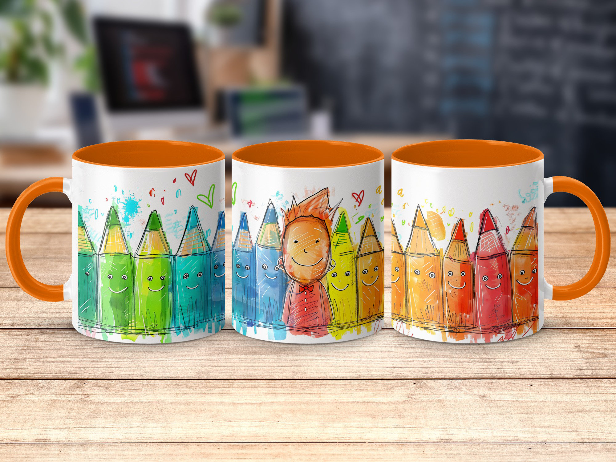 East Urban Home Set of 3 Kids Drawing Style 11oz Accent Mugs – White ...