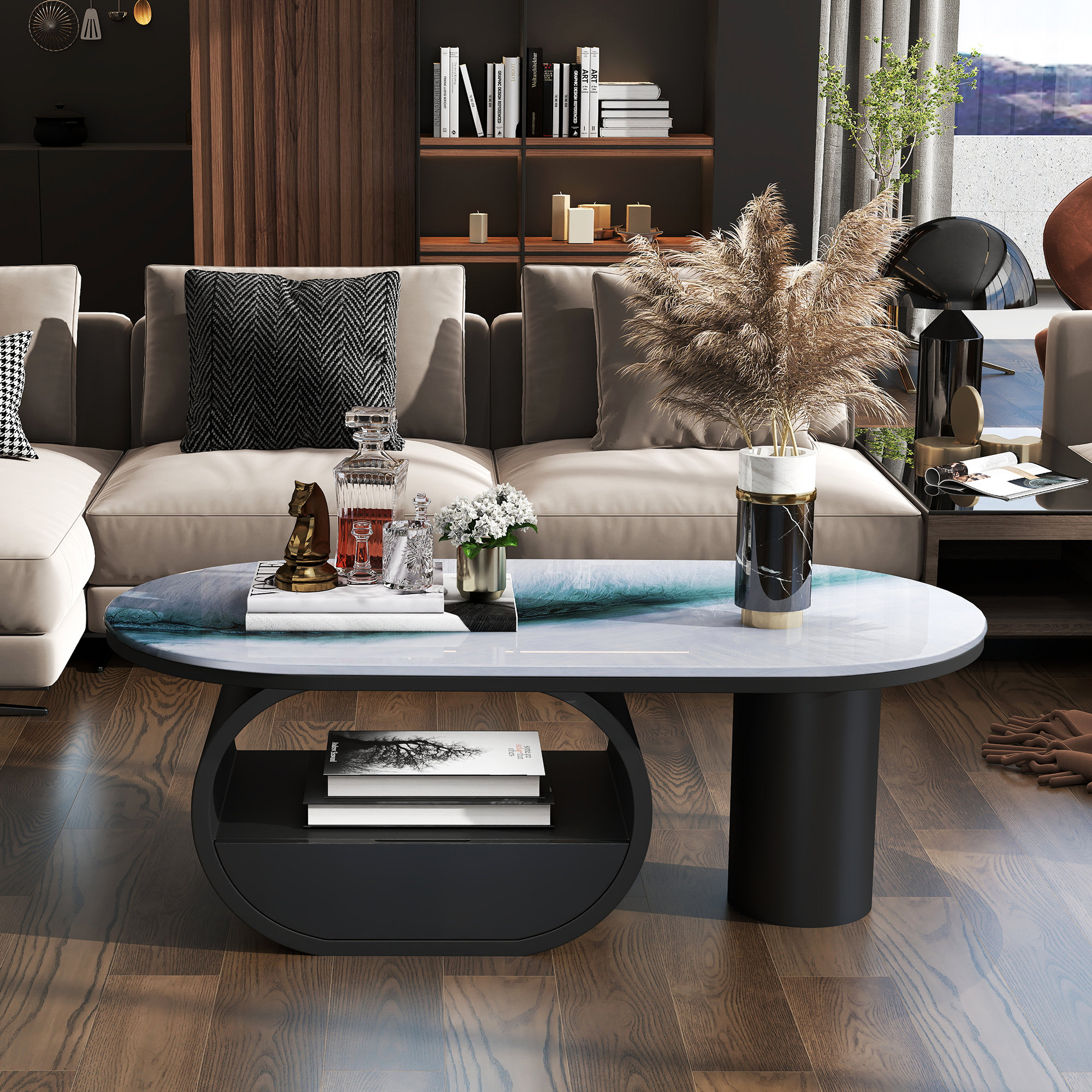 Ivy Bronx 47.24" Oval Sintered Stone Coffee Table with Shelf and Drawer ...