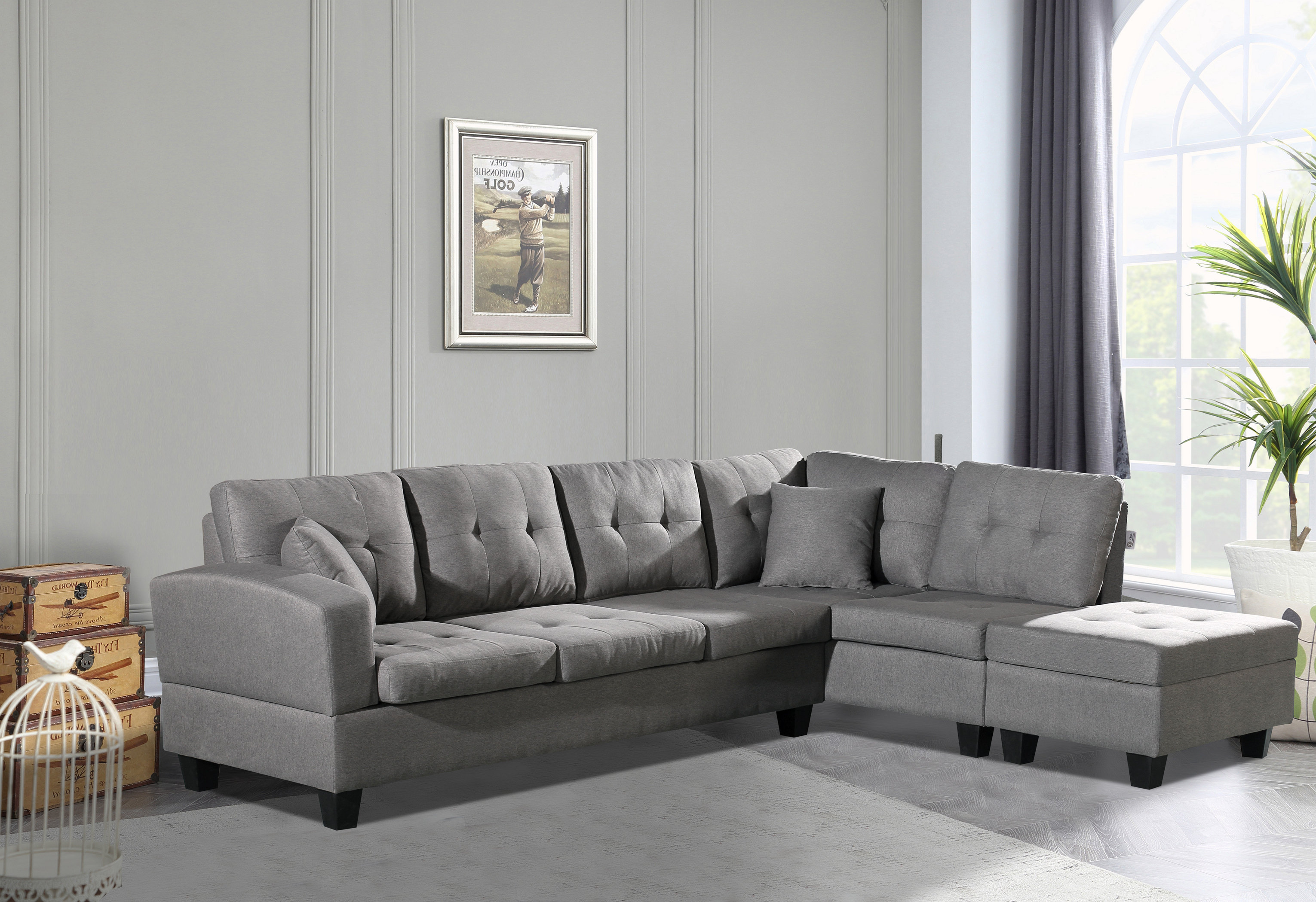 Wenty Fabric Right Chaise Living Room Sofa Set With Storage Ottoman ...