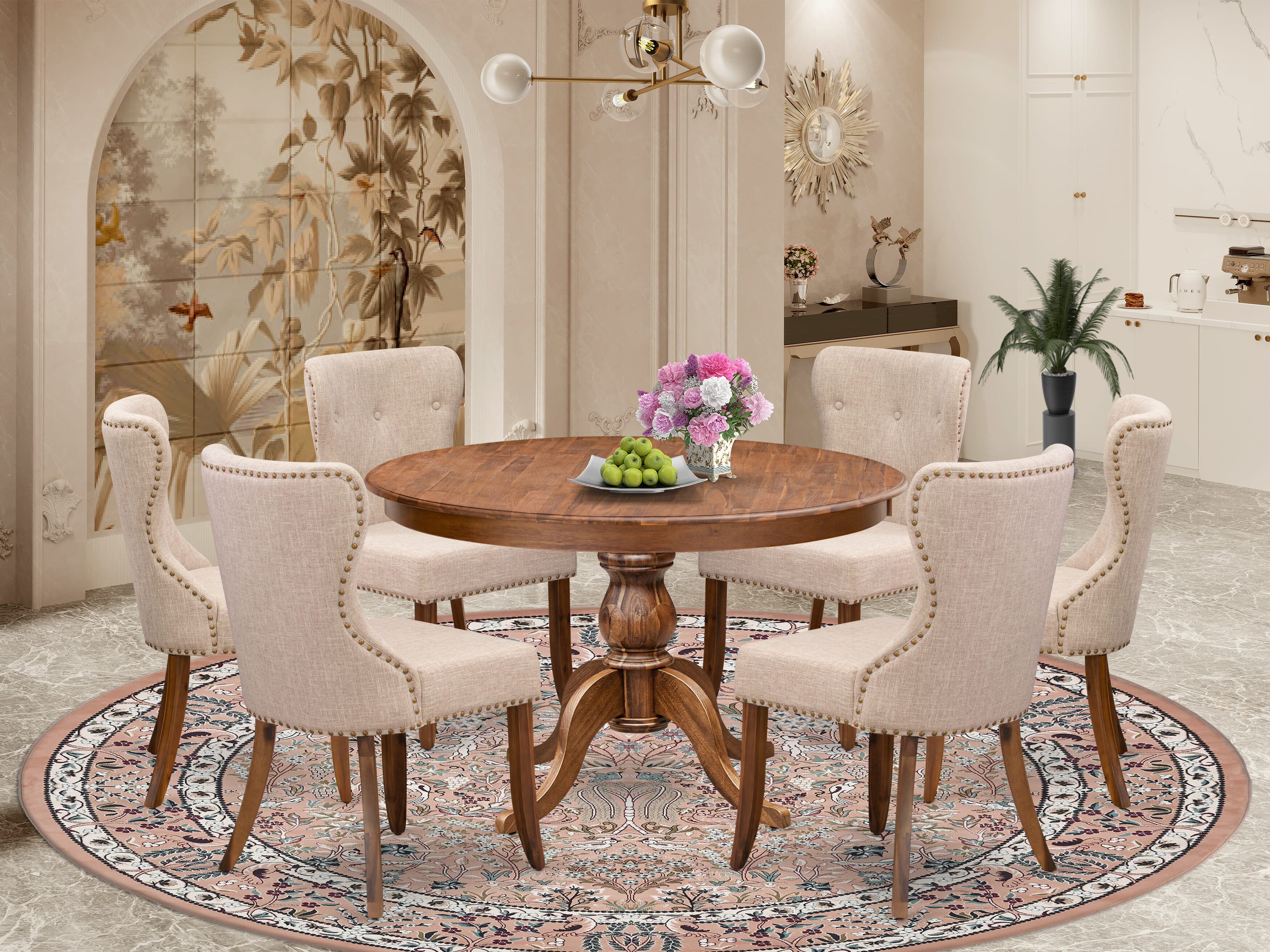 Red Barrel Studio® 7-Pc Dining Set consists of a Pedestal Dinner Table ...