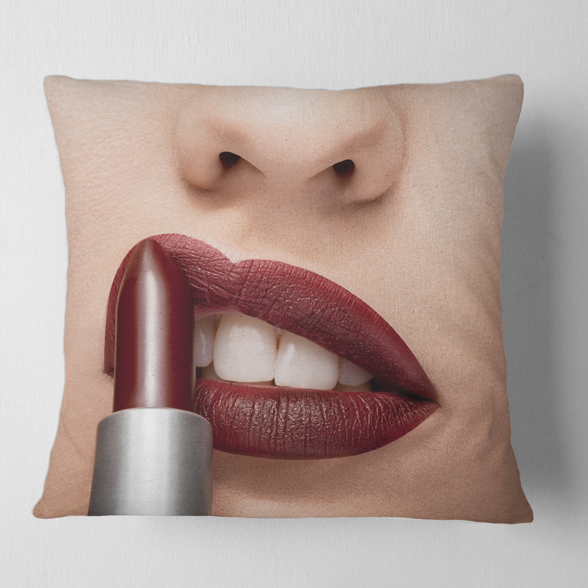 Design Art Lipstick Getting Applyed on Lips Square Pillow Cover ...