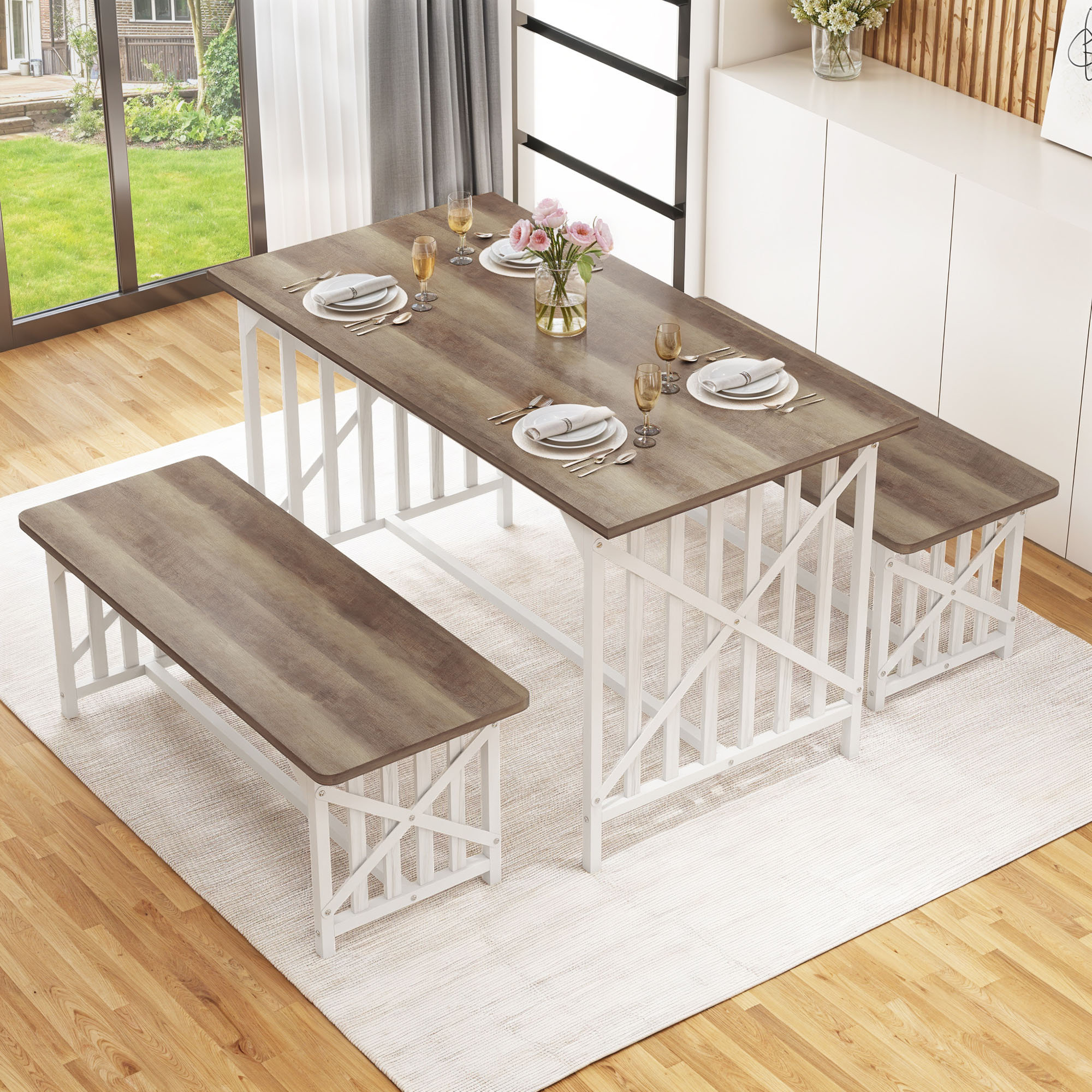 17 Stories Oronoco 3-Piece Dining Table Set wth 2 Benches - Wayfair Canada