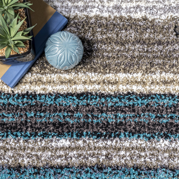 Langley Street City Striped Shag Tufted Performance Brown/Teal/Blue Rug ...