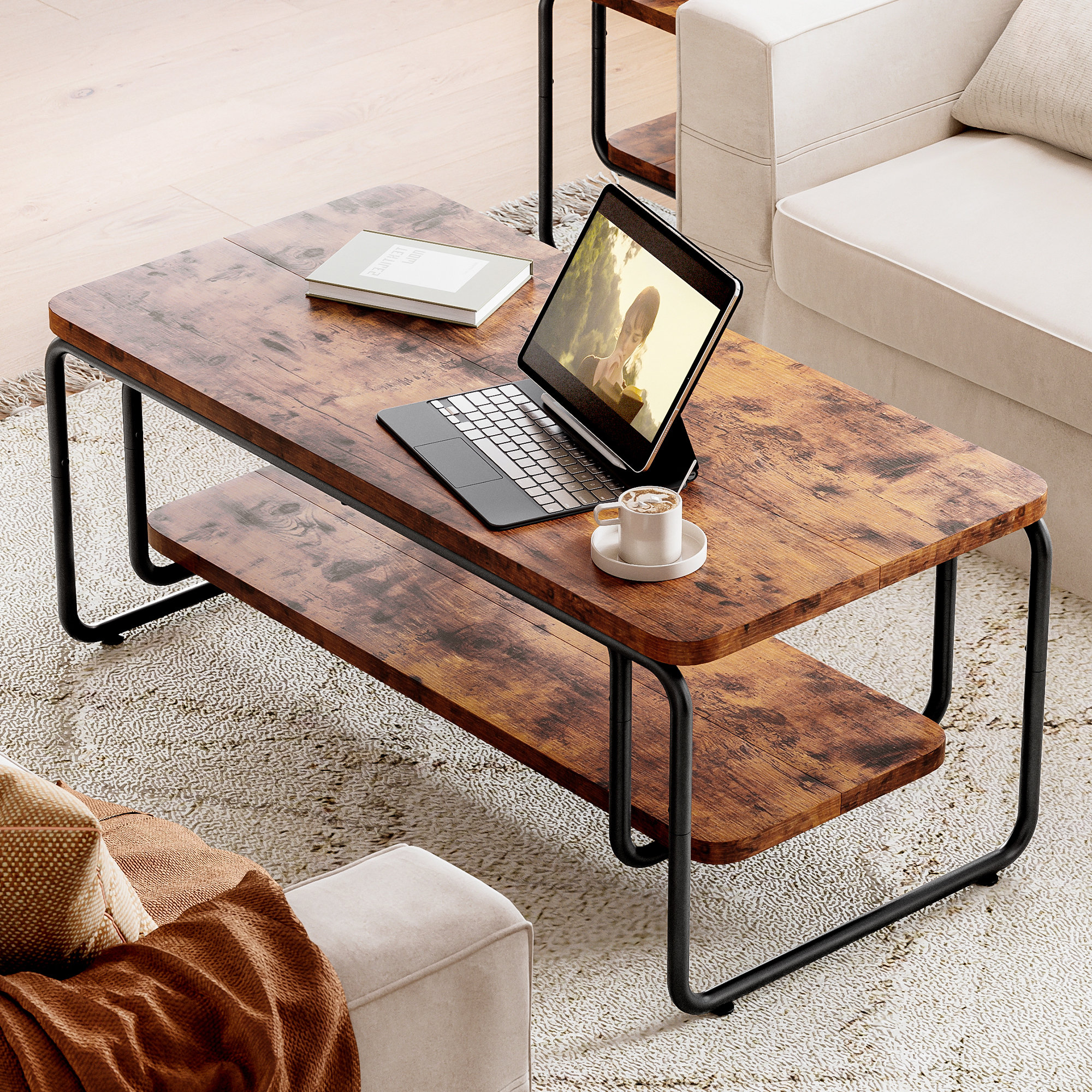 17 Stories 47.24" Rectangle Coffee Table with 2-tier Storage, Coffee ...