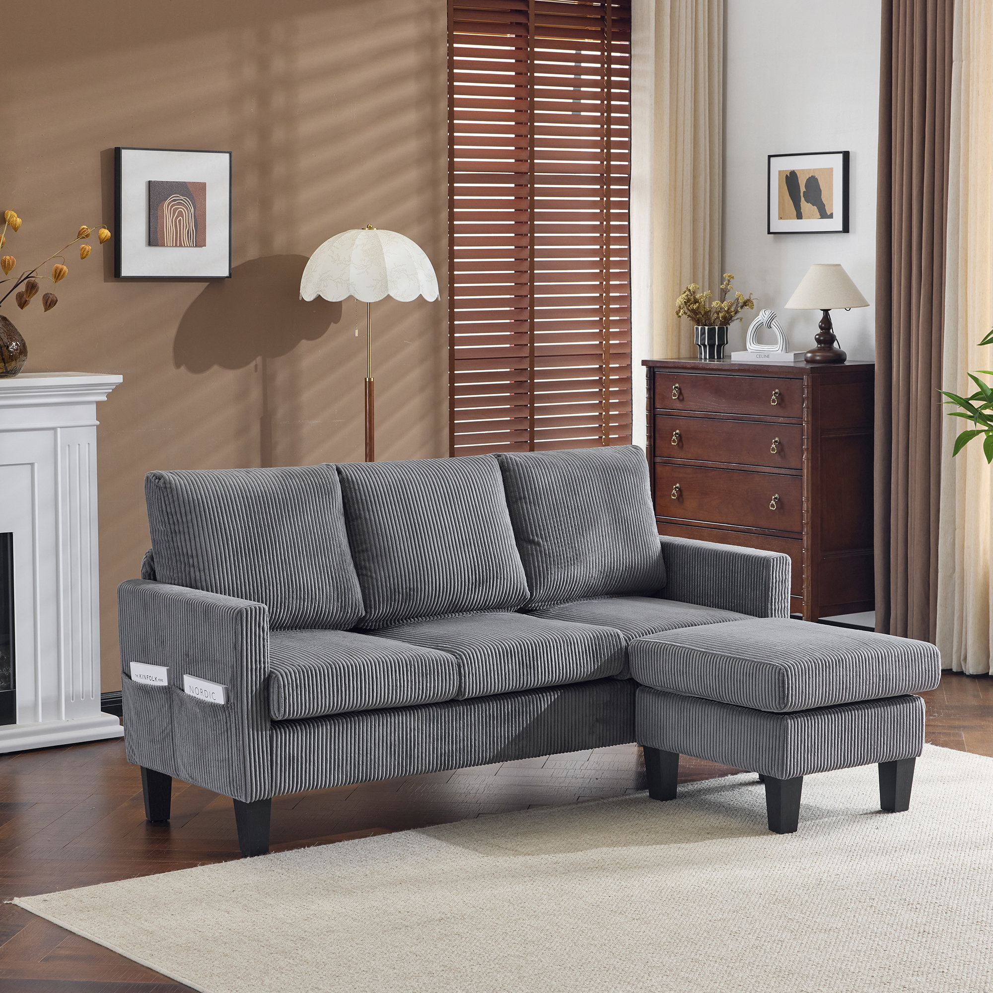 Winado 68.5 In. W Square Arm Corduroy L-Shaped 3-Seat Sofa With Storage ...
