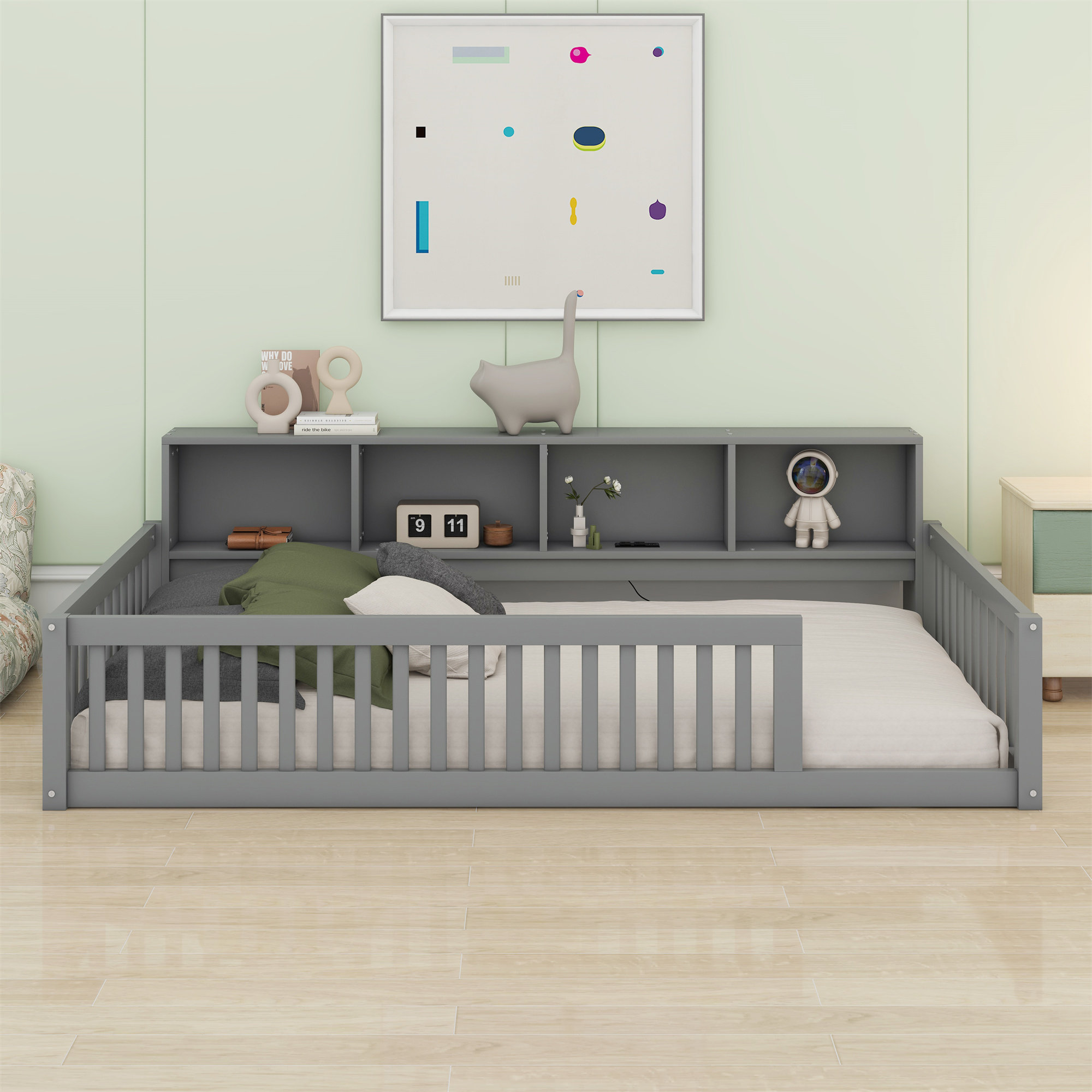 Latitude Run® Wood Floor Bed With Storage Cabinets And USB Ports | Wayfair