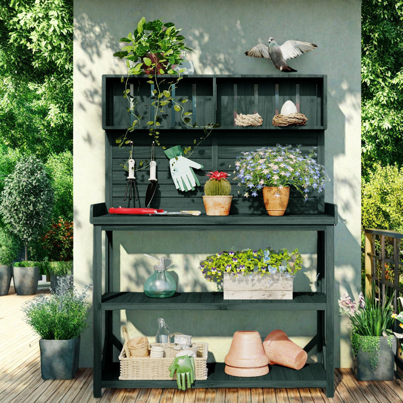 Hokku Designs Large Outdoor Farmhouse Wooden Potting Bench Table With 4 ...