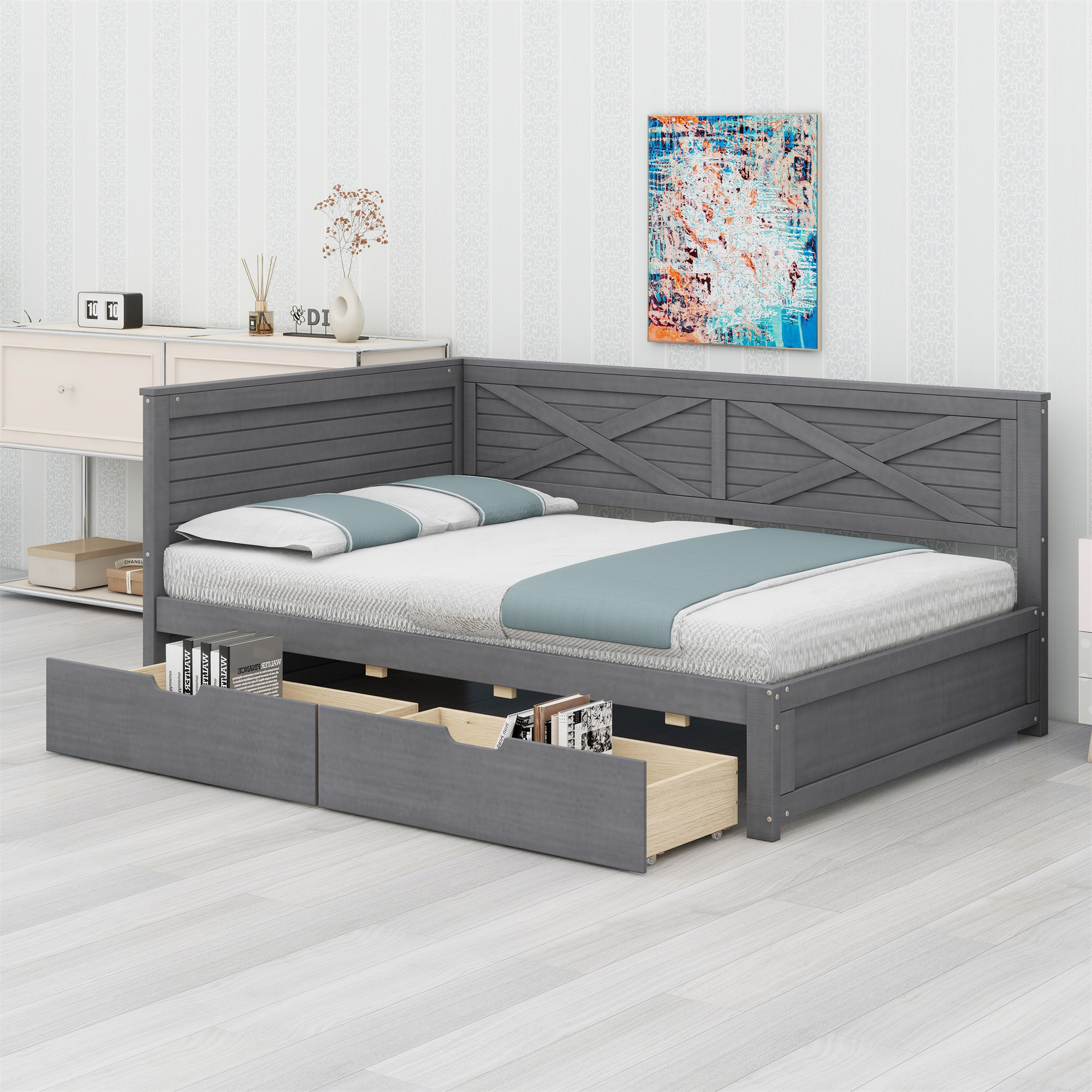 August Grove® Wood Daybed With 2 Drawers And Rustic Guardrail | Wayfair